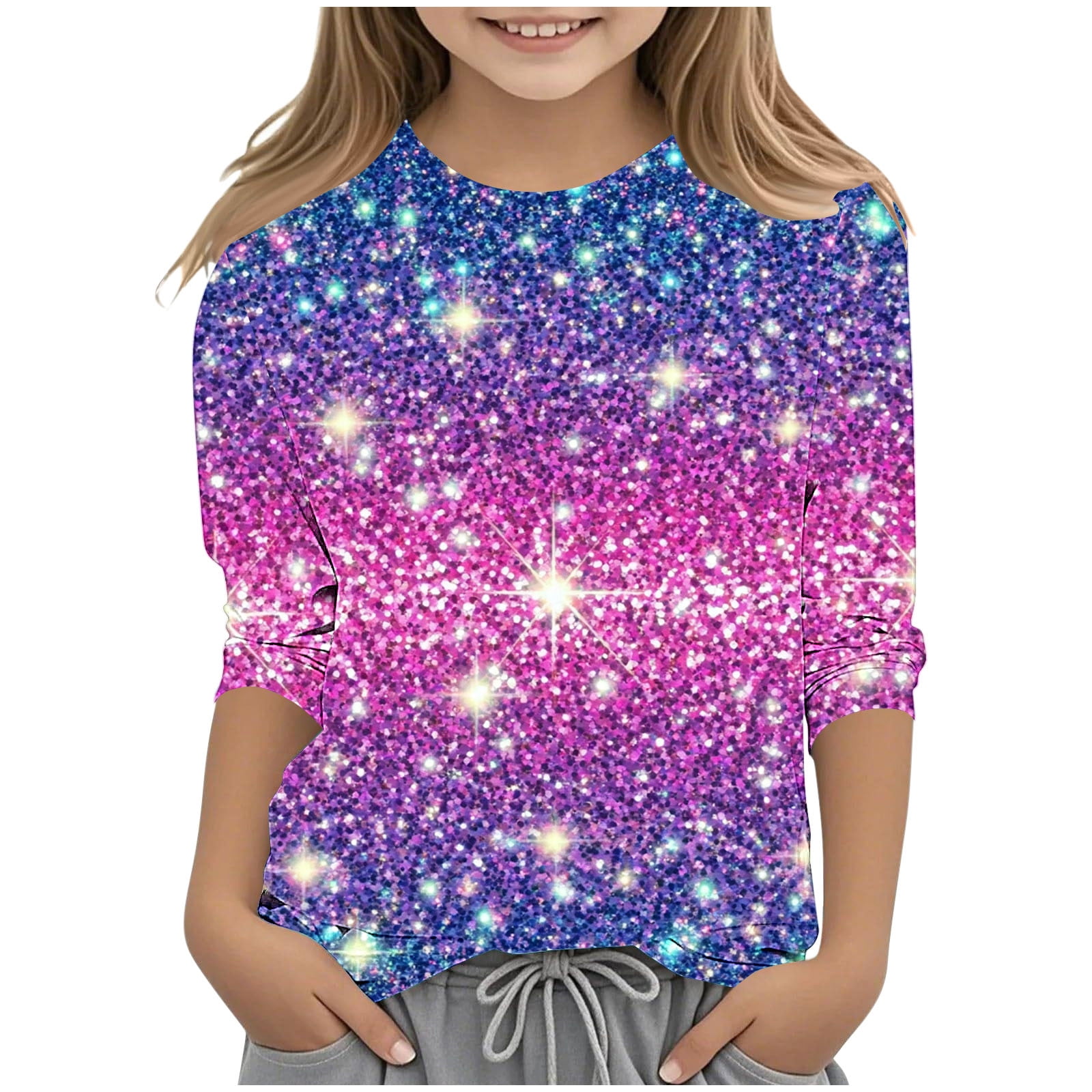 cocolona Girls Sequin Tops Cute Crew Neck 3/4 Sleeve T-shirts ...