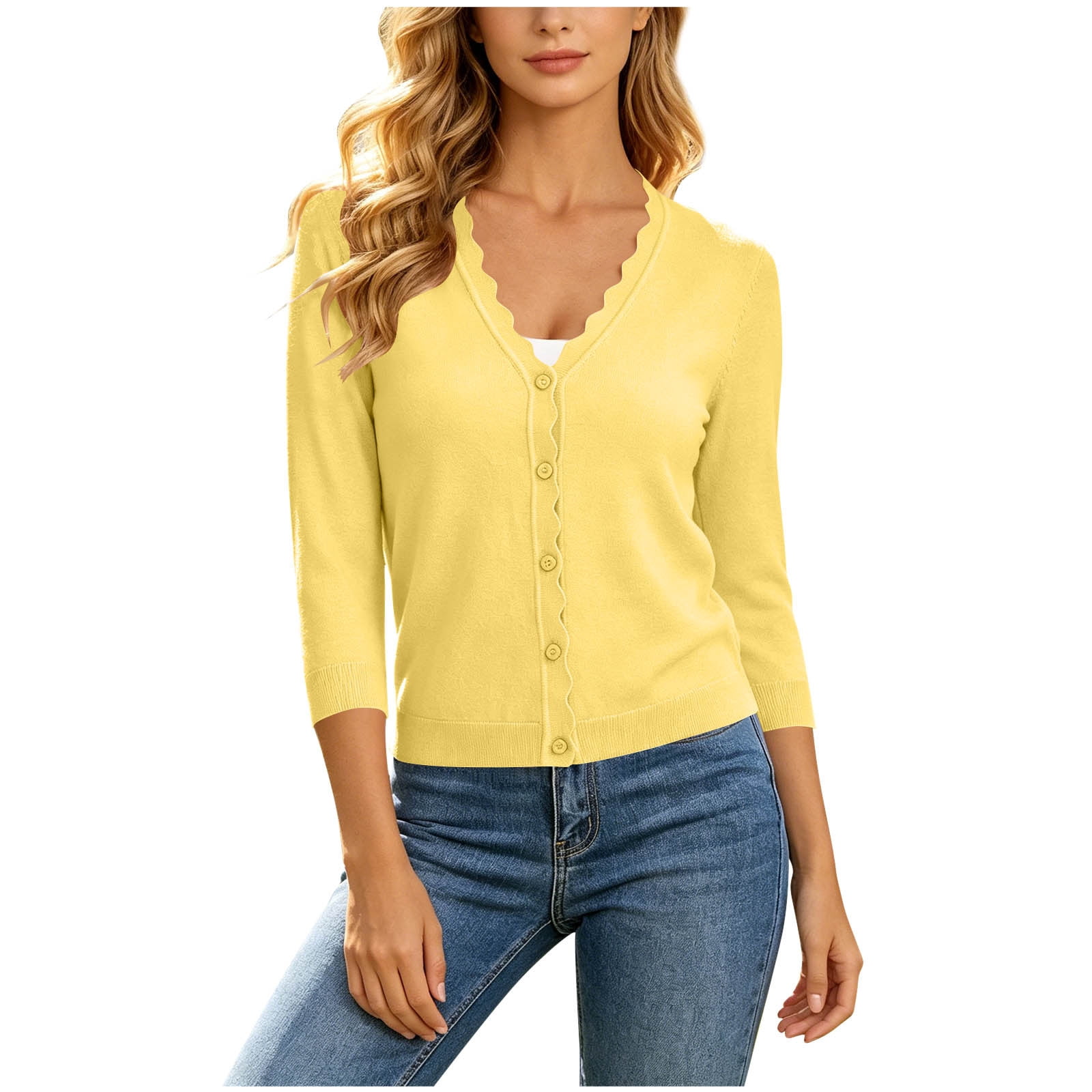 cocolona Knitted Cardigan Tops for Womens 3/4 Sleeve Wave-shaped Neck ...