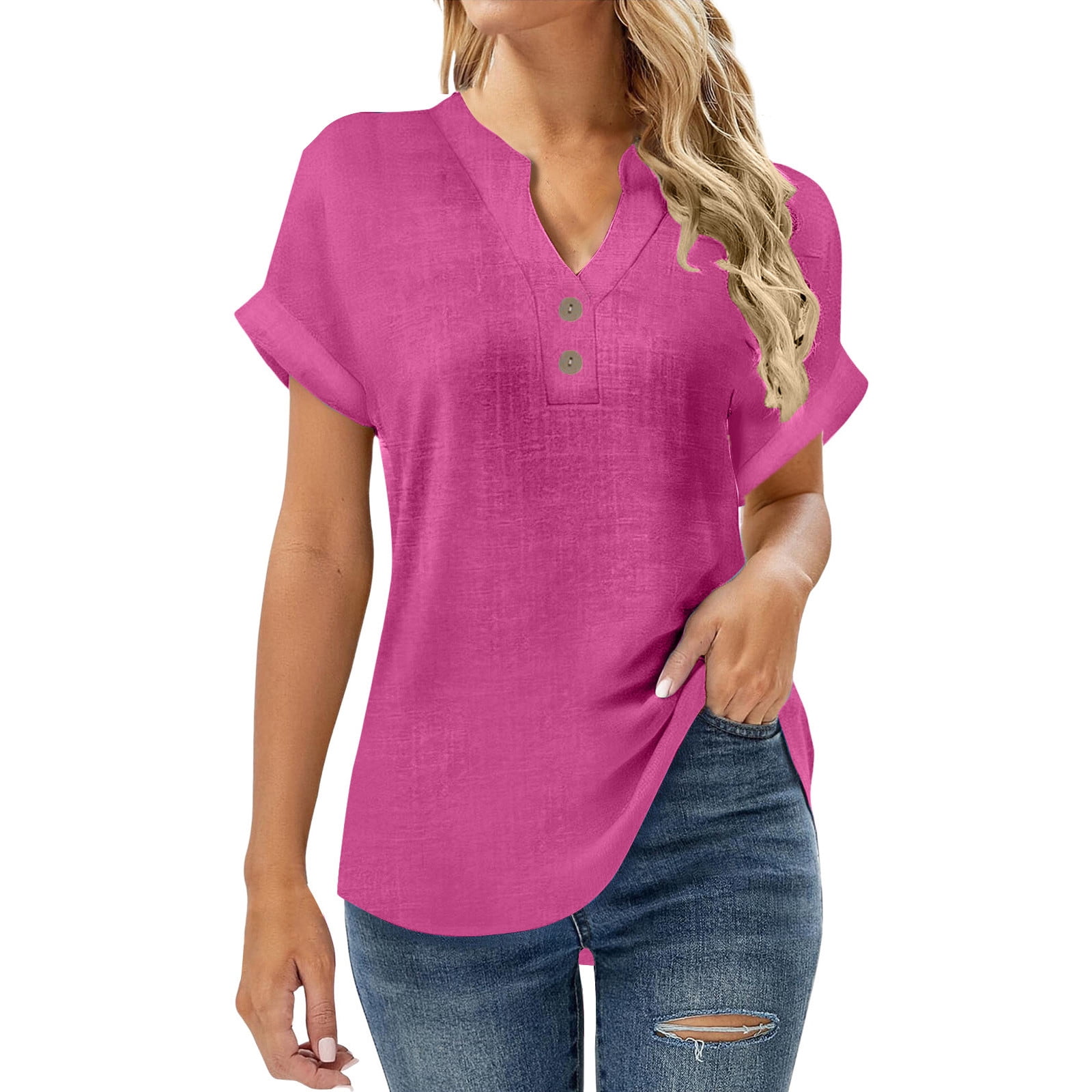 cocolona Linen Shirts for Women Summer Plus Size V Neck Button Tops ...