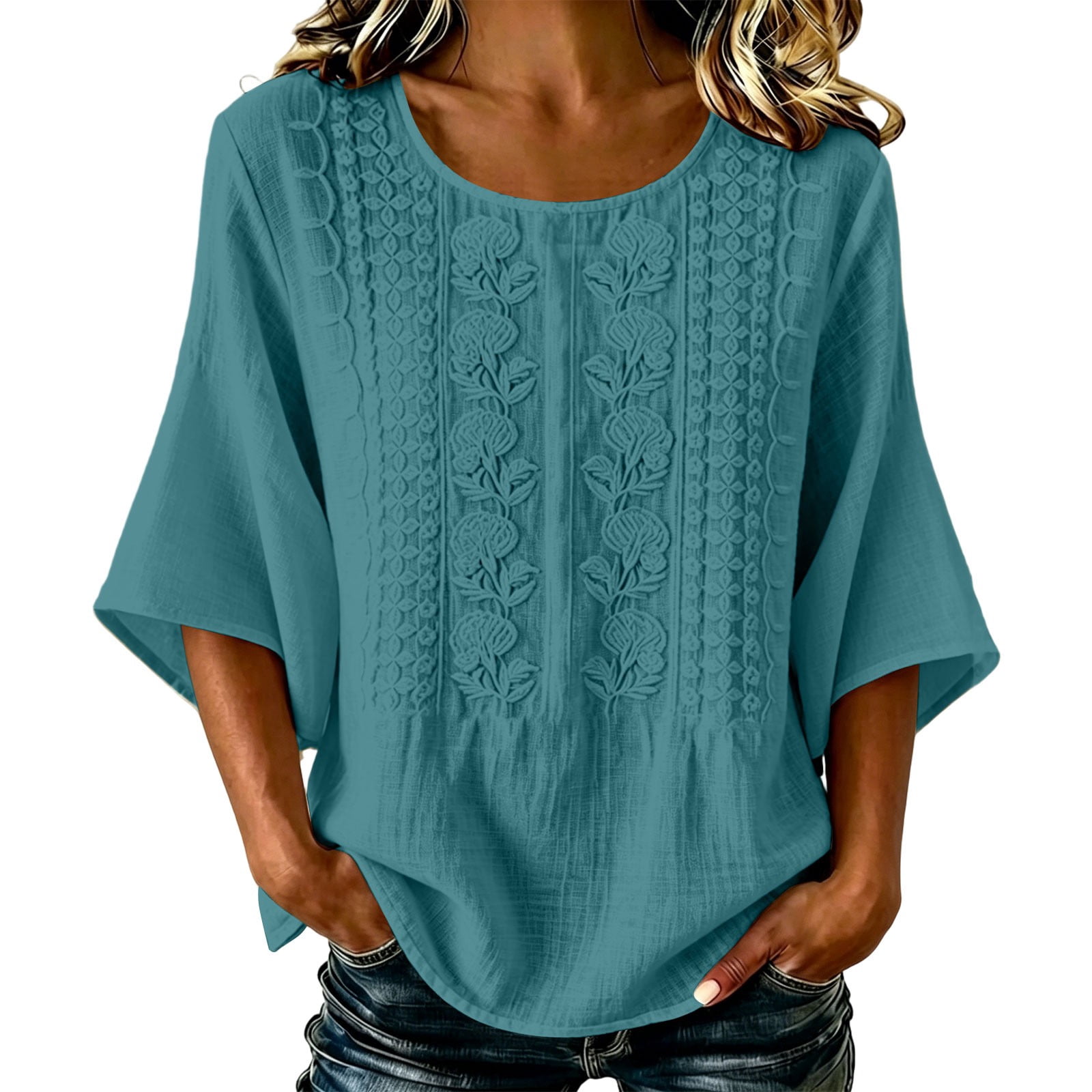 cocolona Linen Tops for Women Crew Neck 3/4 Sleeve Embroidered Blouse ...