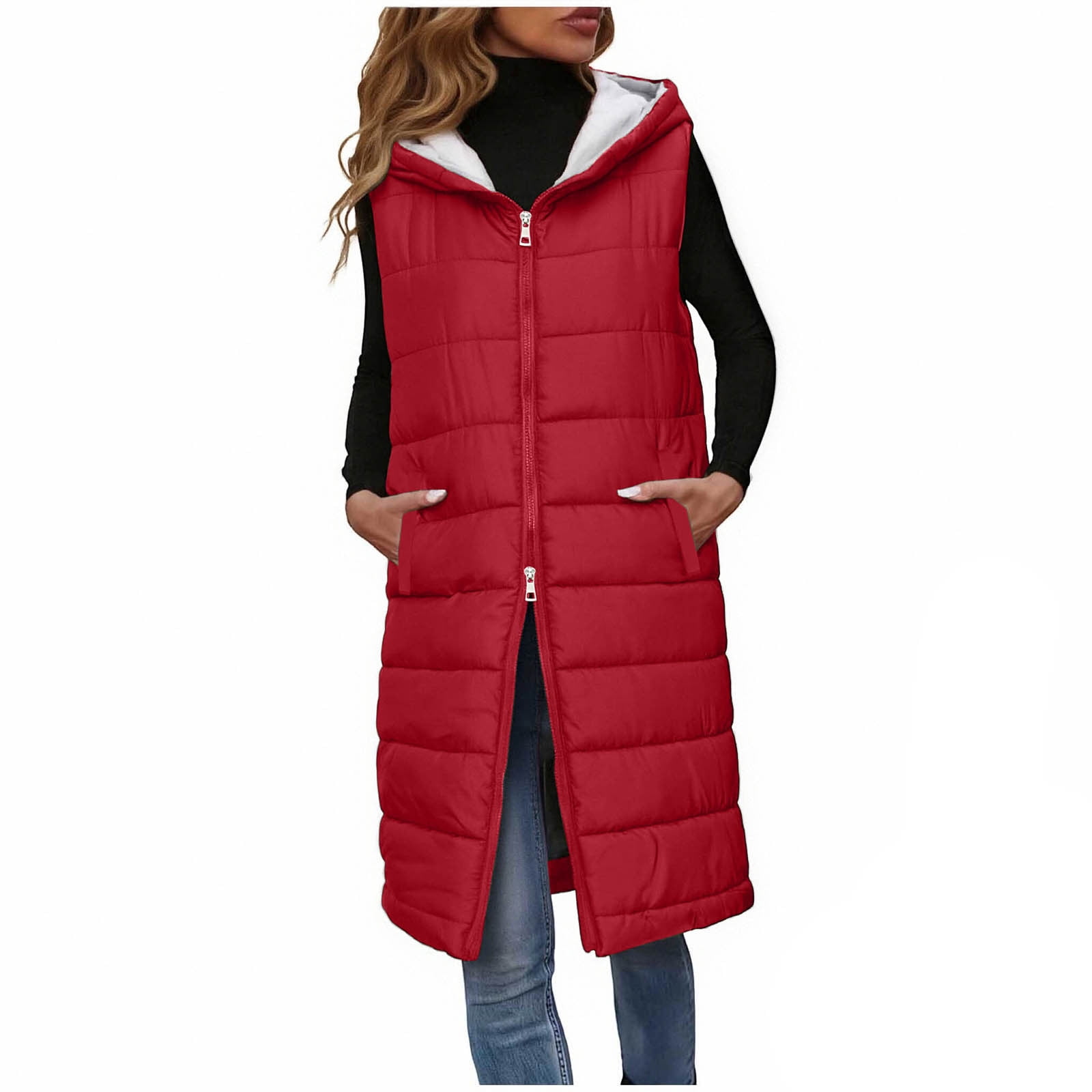 cocolona Long Puffer Vests for Women Two-way Zipper Sleeveless Puffer ...