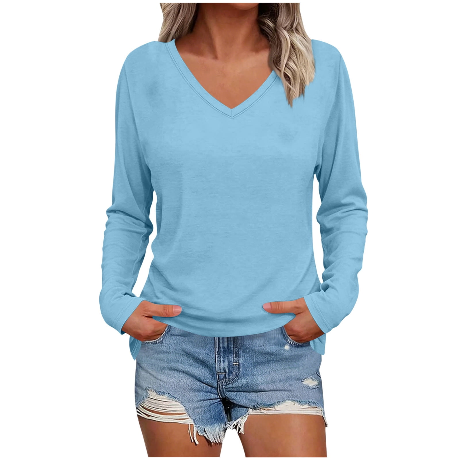 cocolona Long Sleeve Undershirts for Women V Neck Dressy Casual Solid ...