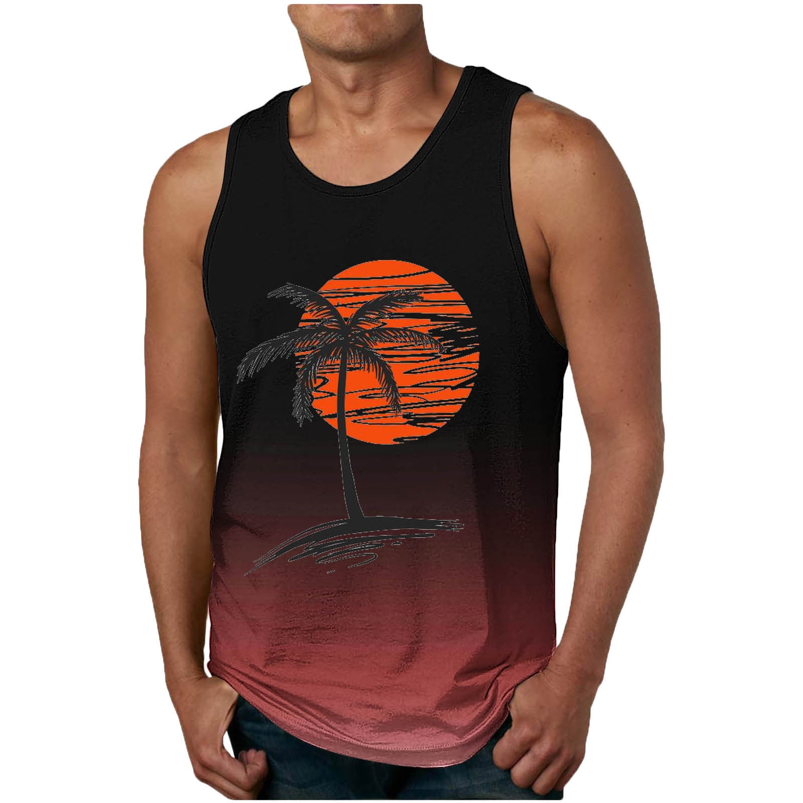 cocolona Mens Summer Tank Tops Crew Neck Sleeveless Workout Shirts Hawaiian Beach Gradient Palm ...