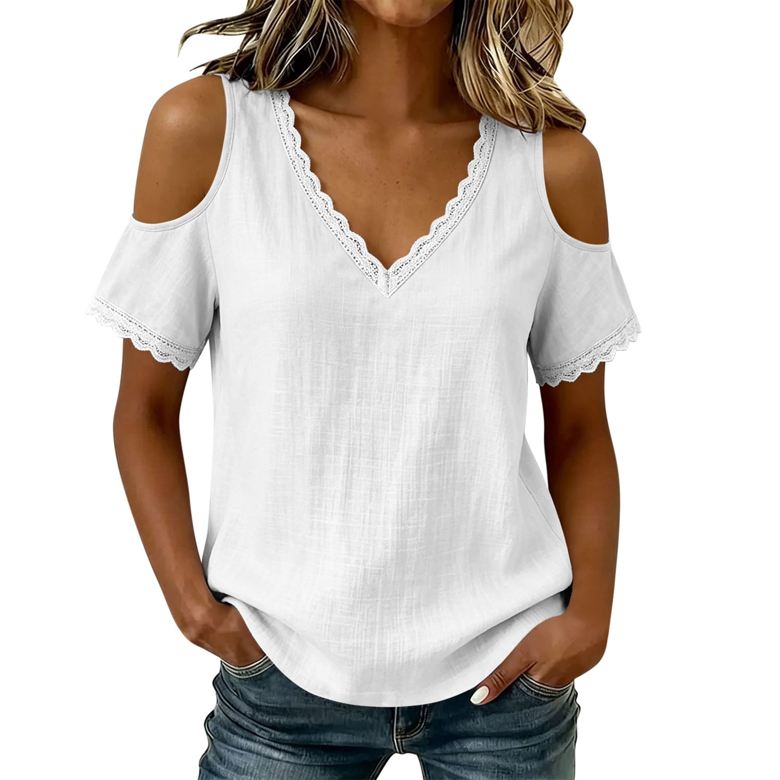 cocolona Off the Shoulder Summer Tops for Women Short Sleeve V Neck ...