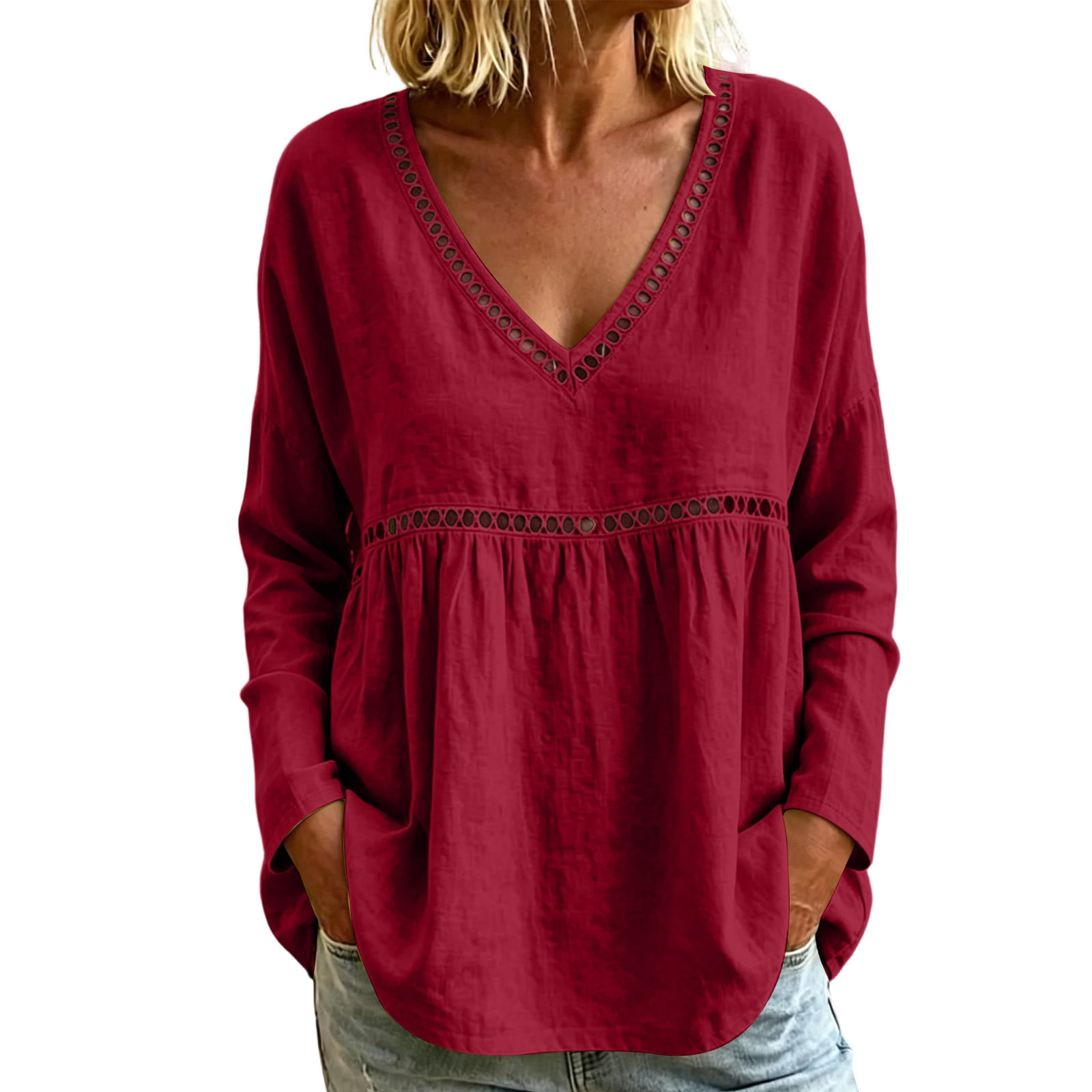 cocolona Oversized Linen Shirts for Women V Neck Hollow-out Long Sleeve ...