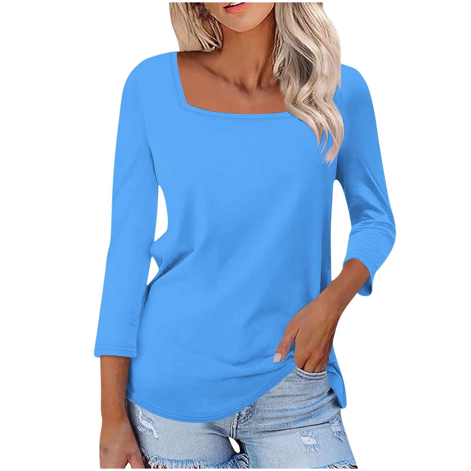 cocolona Plus Size Square Neck Tops for Women Solid Color 3/4 Sleeve ...