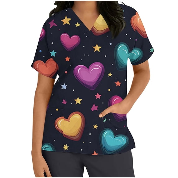 cocolona Scrubs for Women V Neck Short Sleeve Cute Heart Print Workwear ...