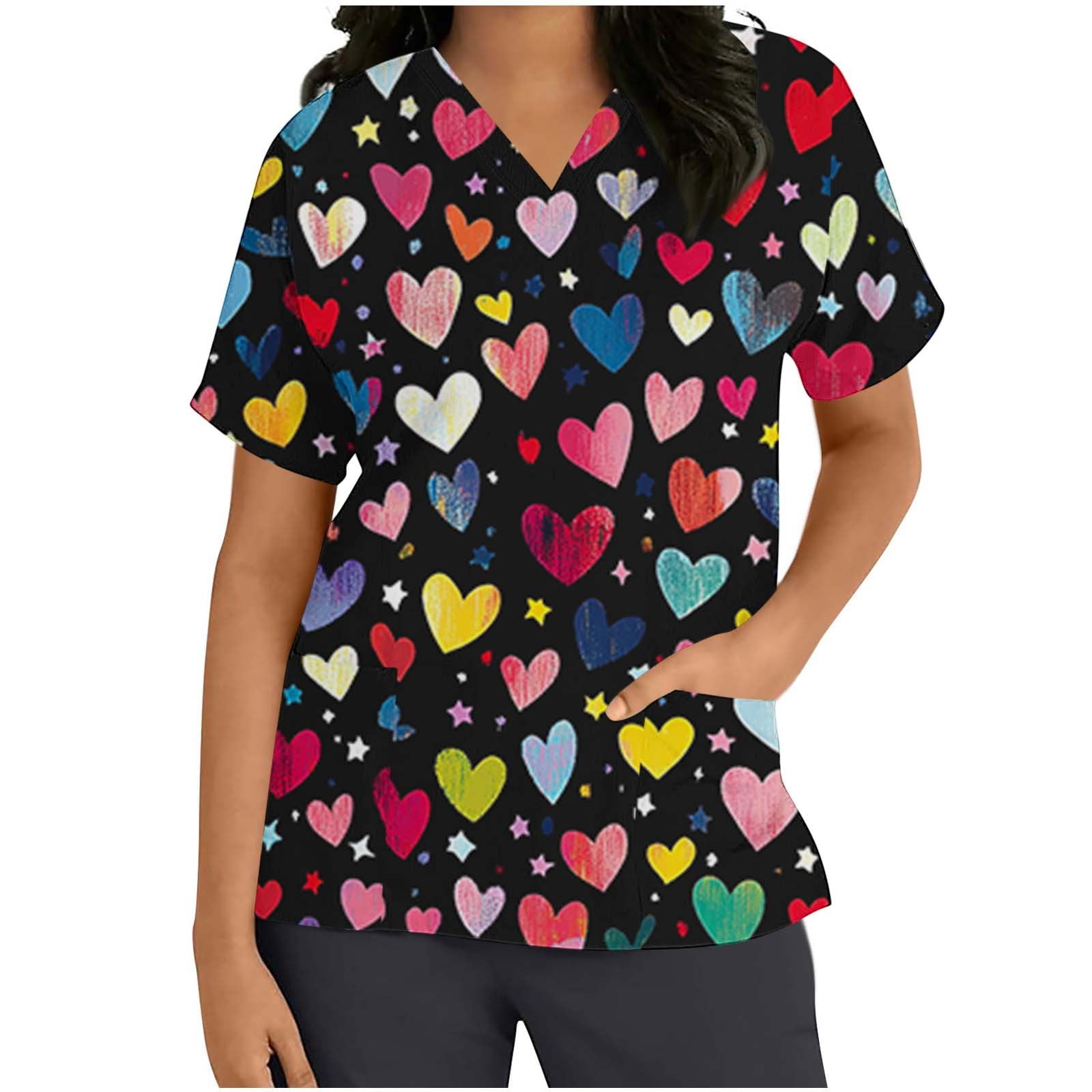 cocolona Scrubs for Women V Neck Short Sleeve Cute Heart Print Workwear ...