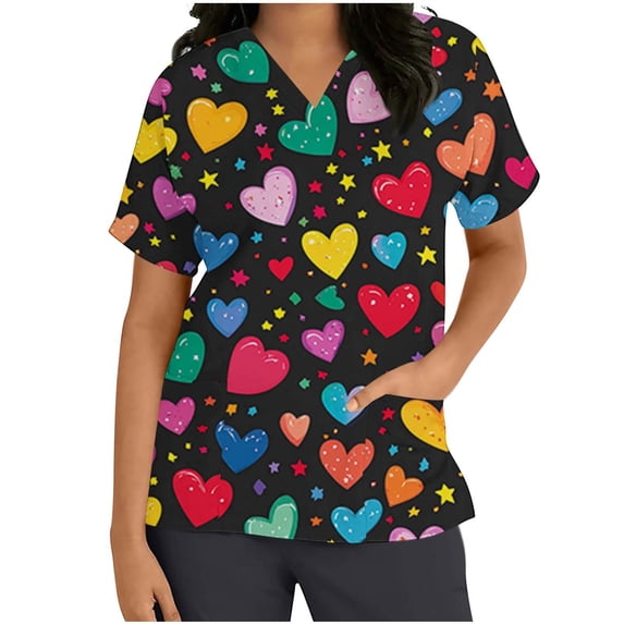 cocolona Scrubs for Women V Neck Short Sleeve Cute Heart Print Workwear ...