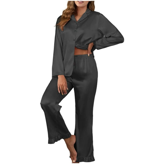 cocolona Silk Pajamas for Women Set Long Sleeve Shirts and Ruffle Pants ...