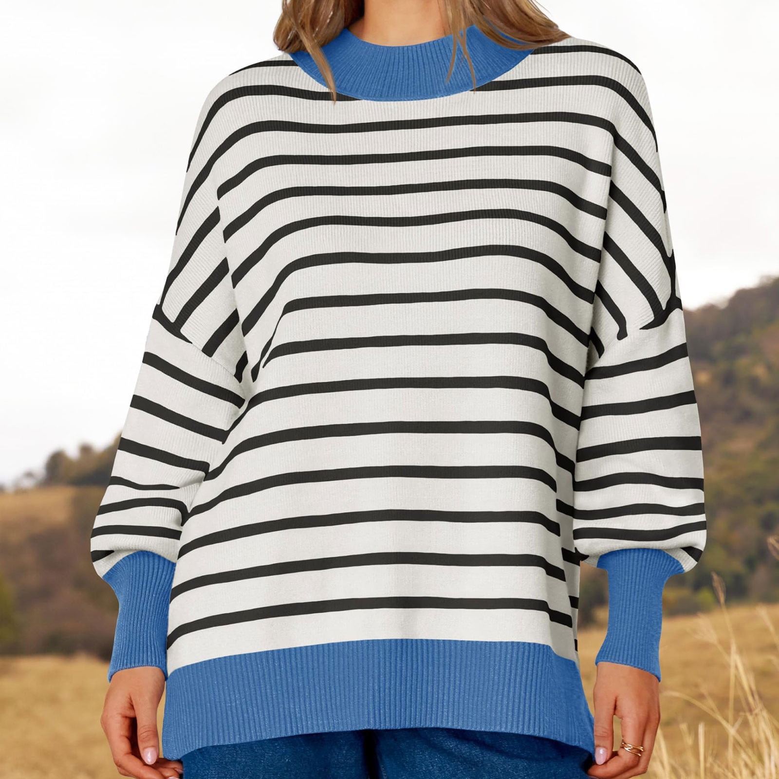 cocolona Striped Sweater for Women Pullover Crew Neck Long Sleeve ...