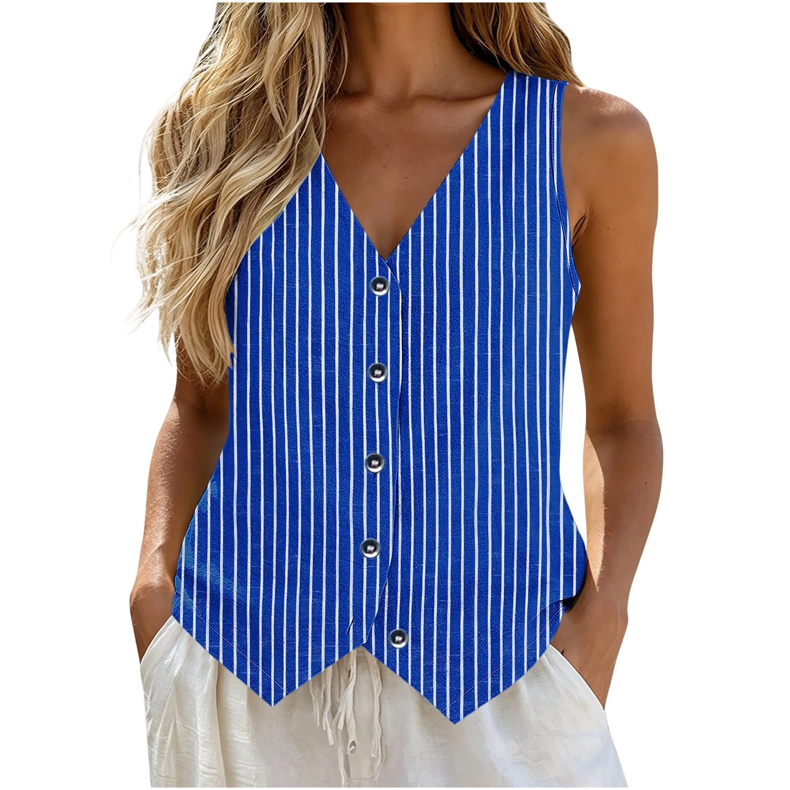cocolona Summer Striped Printed Tank Tops for Women V Neck Sleeveless ...