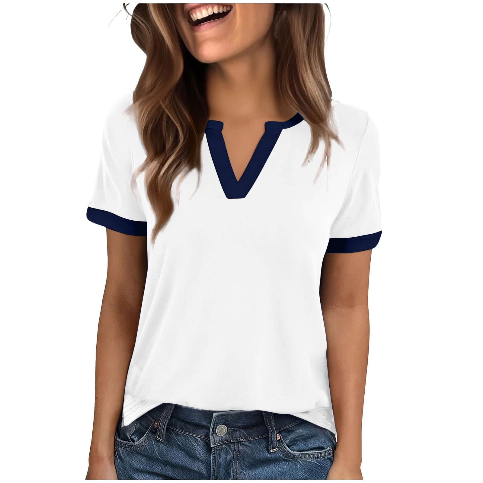 cocolona Summer Tops for Women Fashion Color Block V Neck Short Sleeve ...