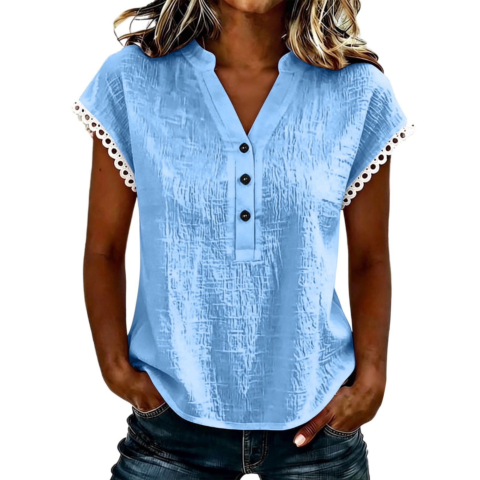 cocolona Summer Tops for Women Lace Patchwork Short Sleeve V Neck ...