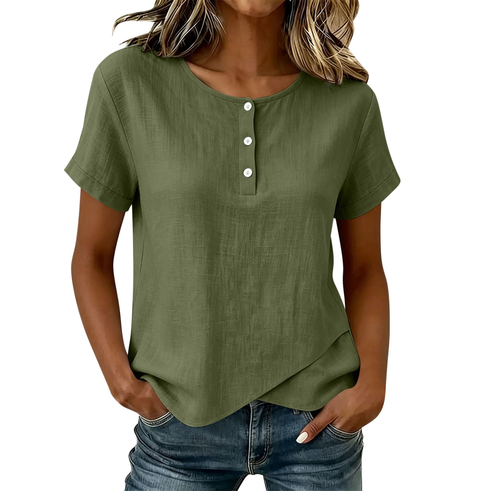 cocolona Summer Tops for Women Short Sleeve Crew Neck Button ...