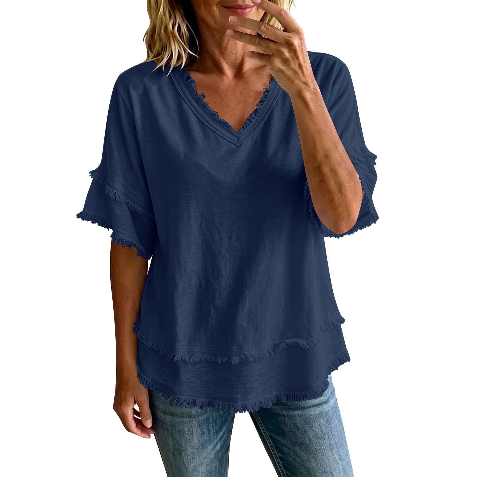 cocolona Summer Womens Double Layer Tops V Neck Short Sleeve Shirts ...