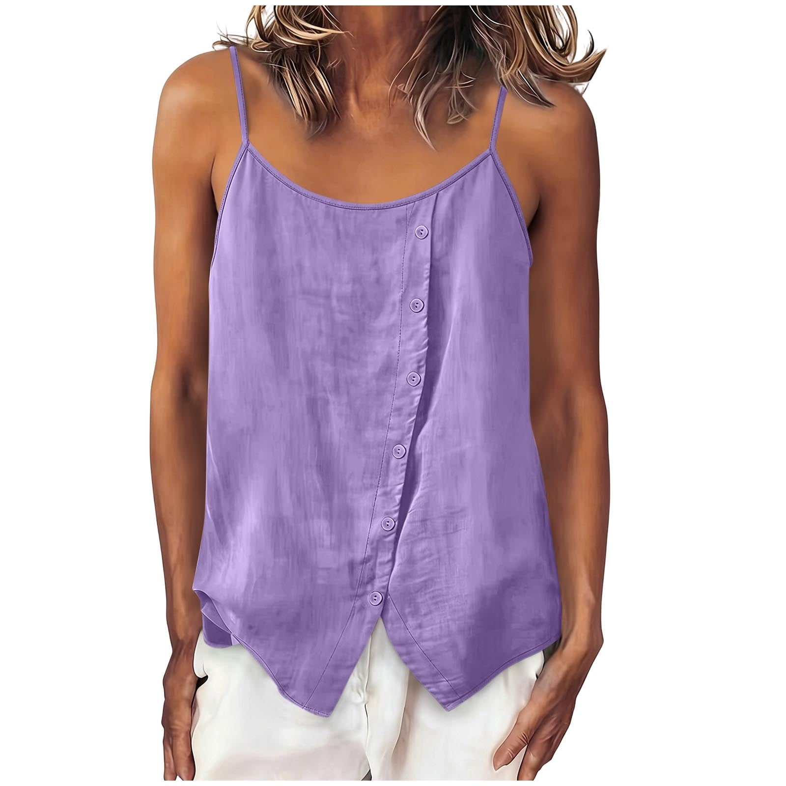 cocolona Women Summer Linen Tank Tops Sleeveless Crew Neck Button ...