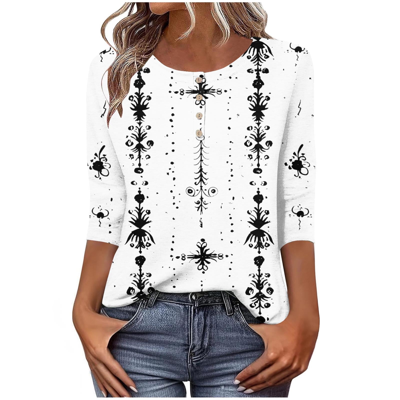cocolona Womens Blouses Fall Button Crew Neck 3/4 Sleeve Tops Fashion ...