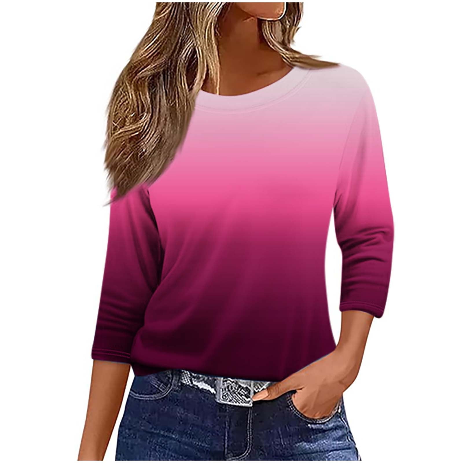 cocolona Womens Crew Neck 3/4 Sleeve Blouse Casual Loose Gradient Color ...