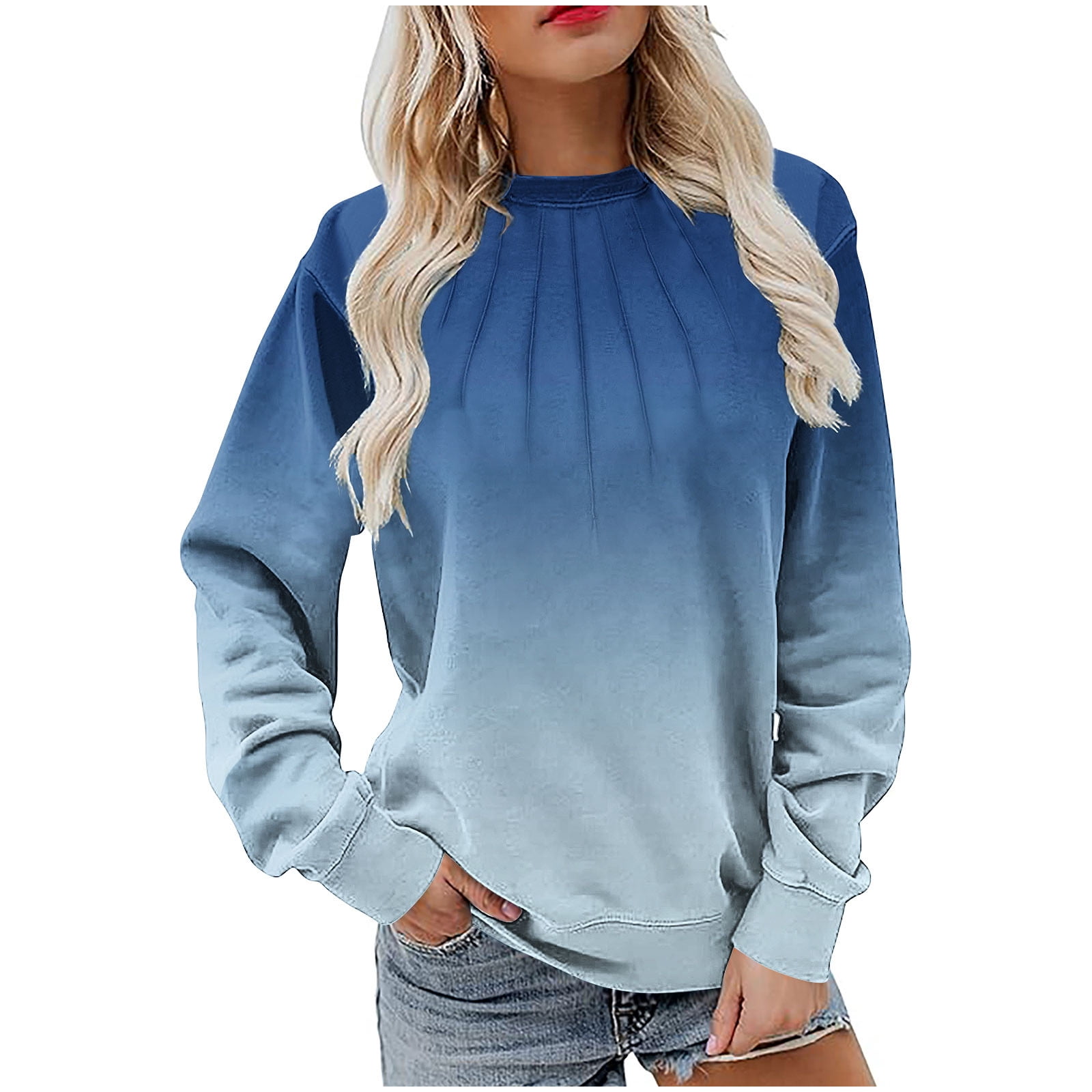 cocolona Womens Crewneck Sweatshirts Fall Long Sleeve Pleated Gradient ...