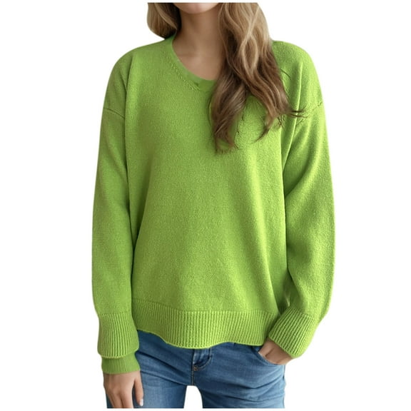 AUNVITO Womens Round Neck Sweaters Pullover Basic Solid Long Sleeve ...
