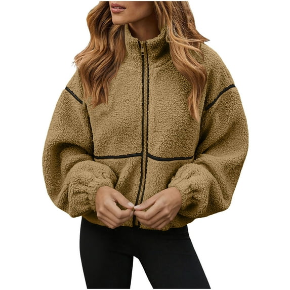 cocolona Womens Fleece Jackets Lapel Long Sleeve Zipper Patchwork ...