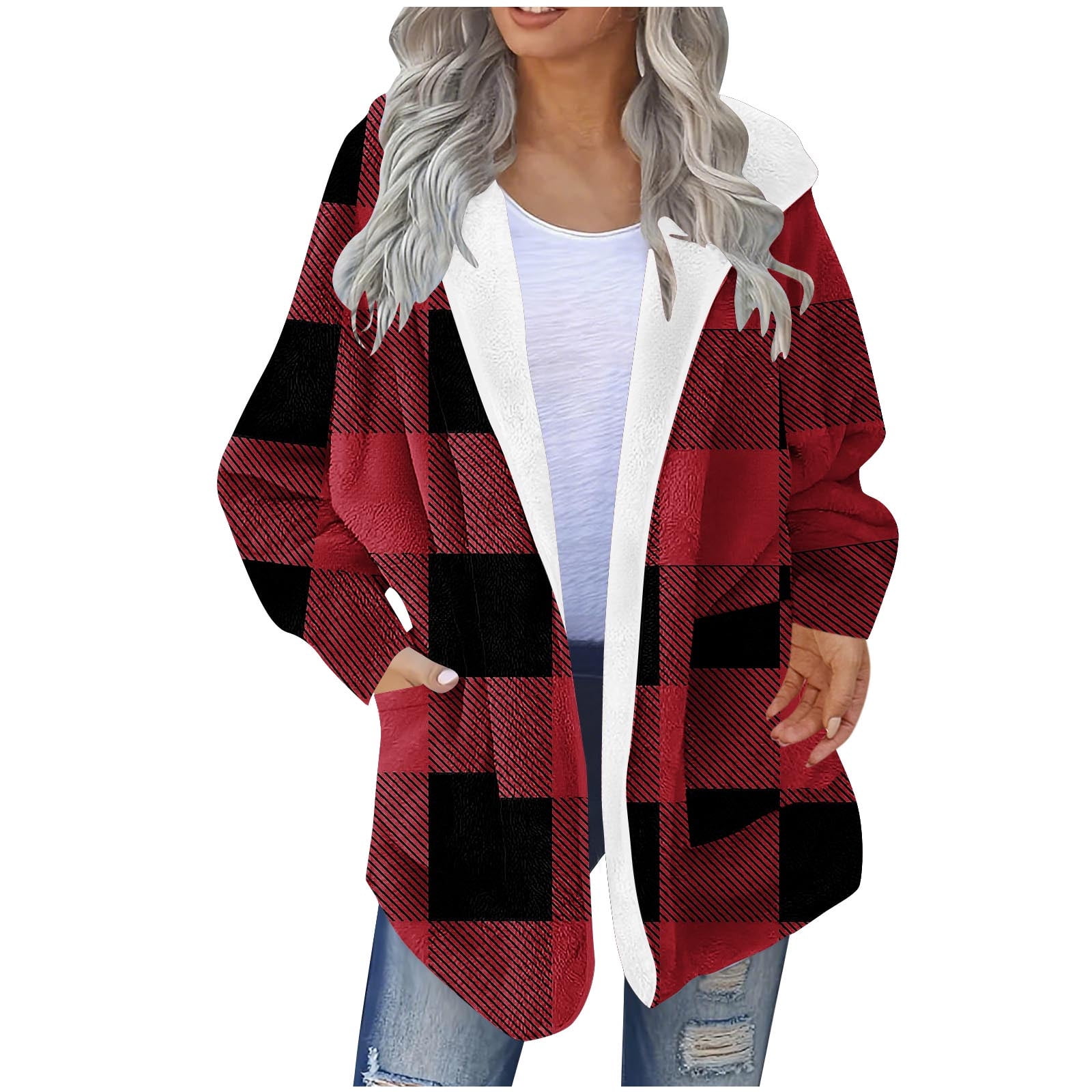 cocolona Womens Fleece Plaid Jackets Fall Winter Long Sleeve Casual ...