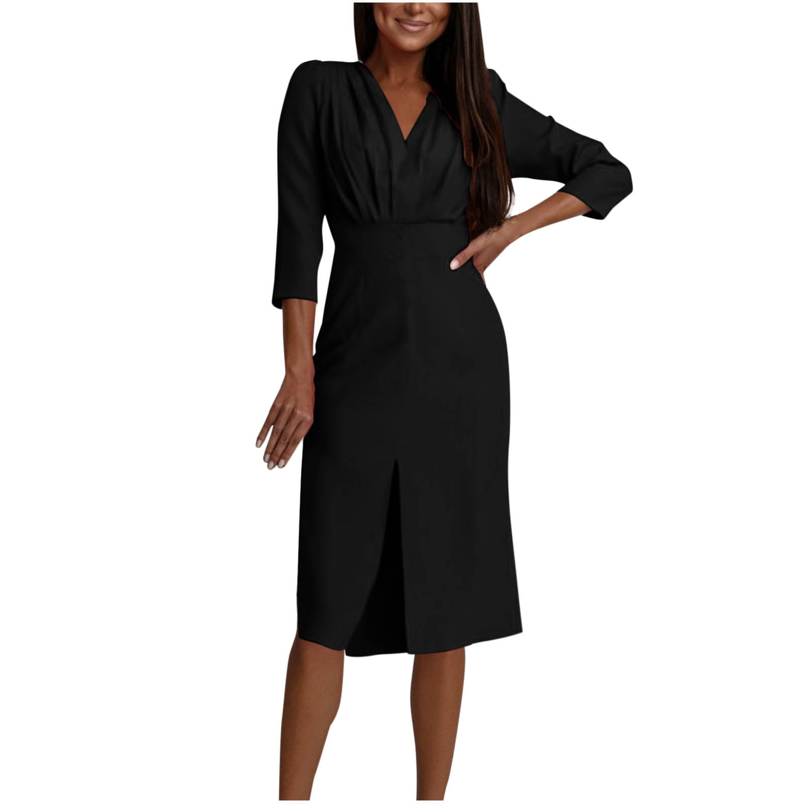 cocolona Womens Formal Dress Summer Casual V-Neck Fold 3/4 Sleeve Back ...