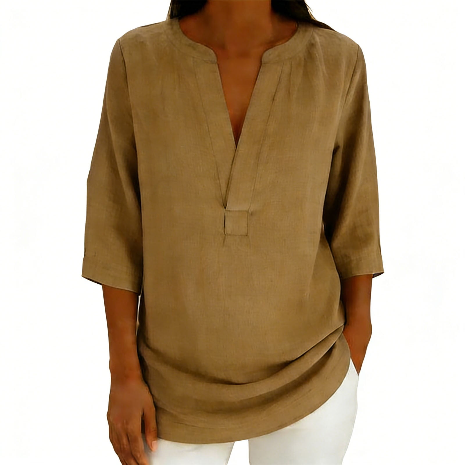 cocolona Womens Linen Shirts Summer V Neck 3/4 Sleeve Tunic Tops Casual ...