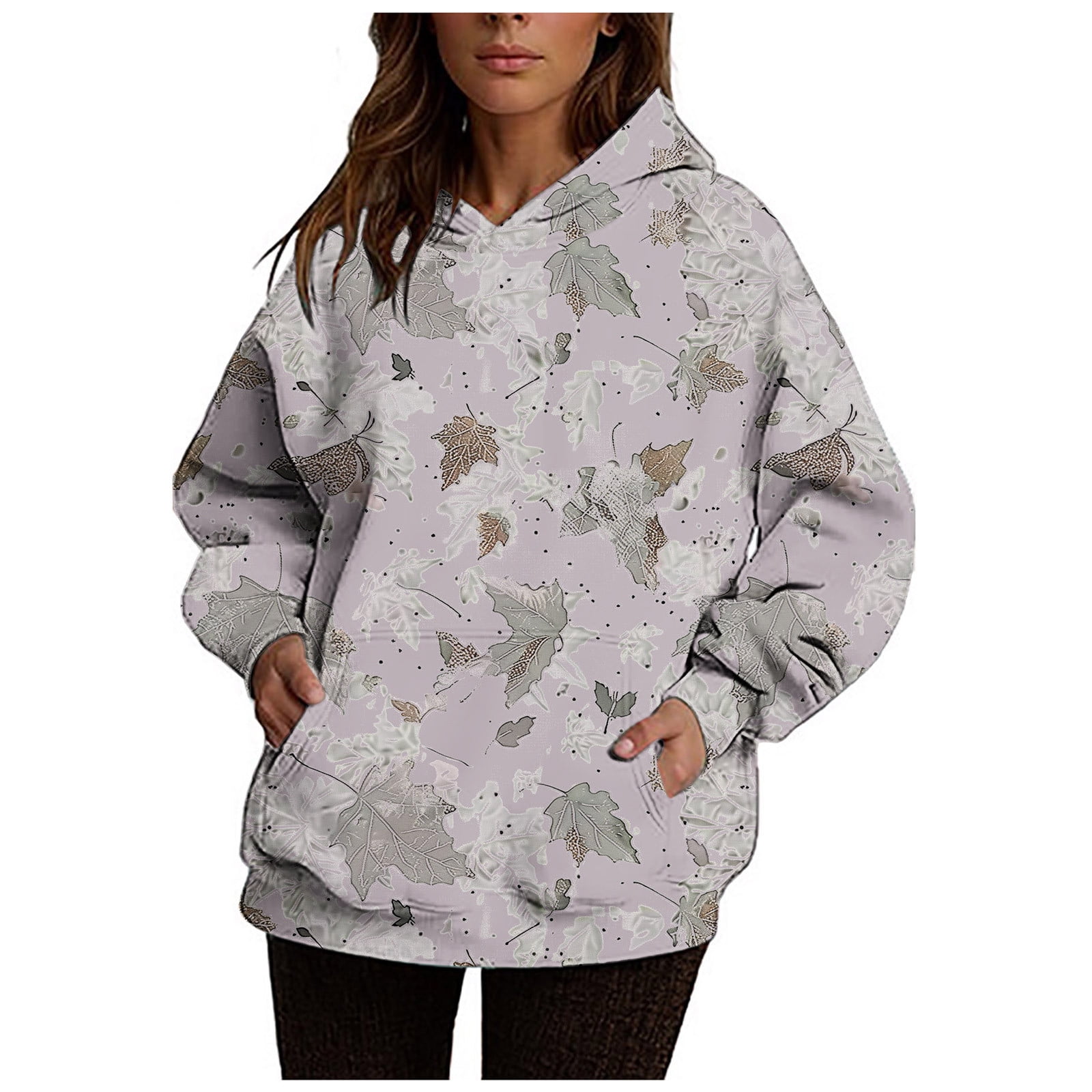 cocolona Womens Maple-Leaf Print Hoodie Fall Winter Long Sleeve Oversized Hooded Sweatshirt ...