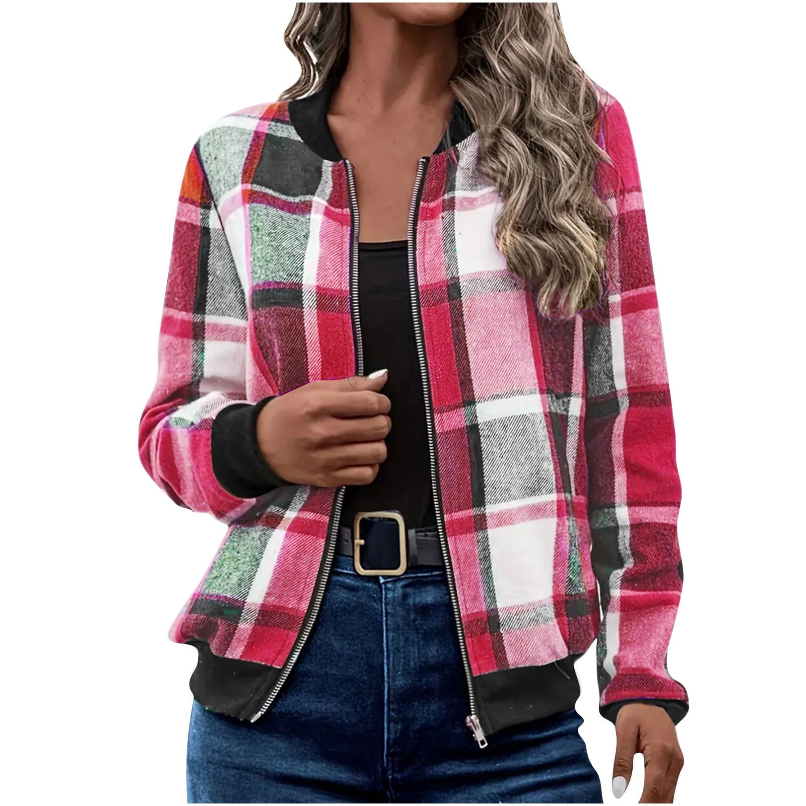 cocolona Womens Plaid Jacket Lightweight Long Sleeve Zip Up Jacket Coat ...