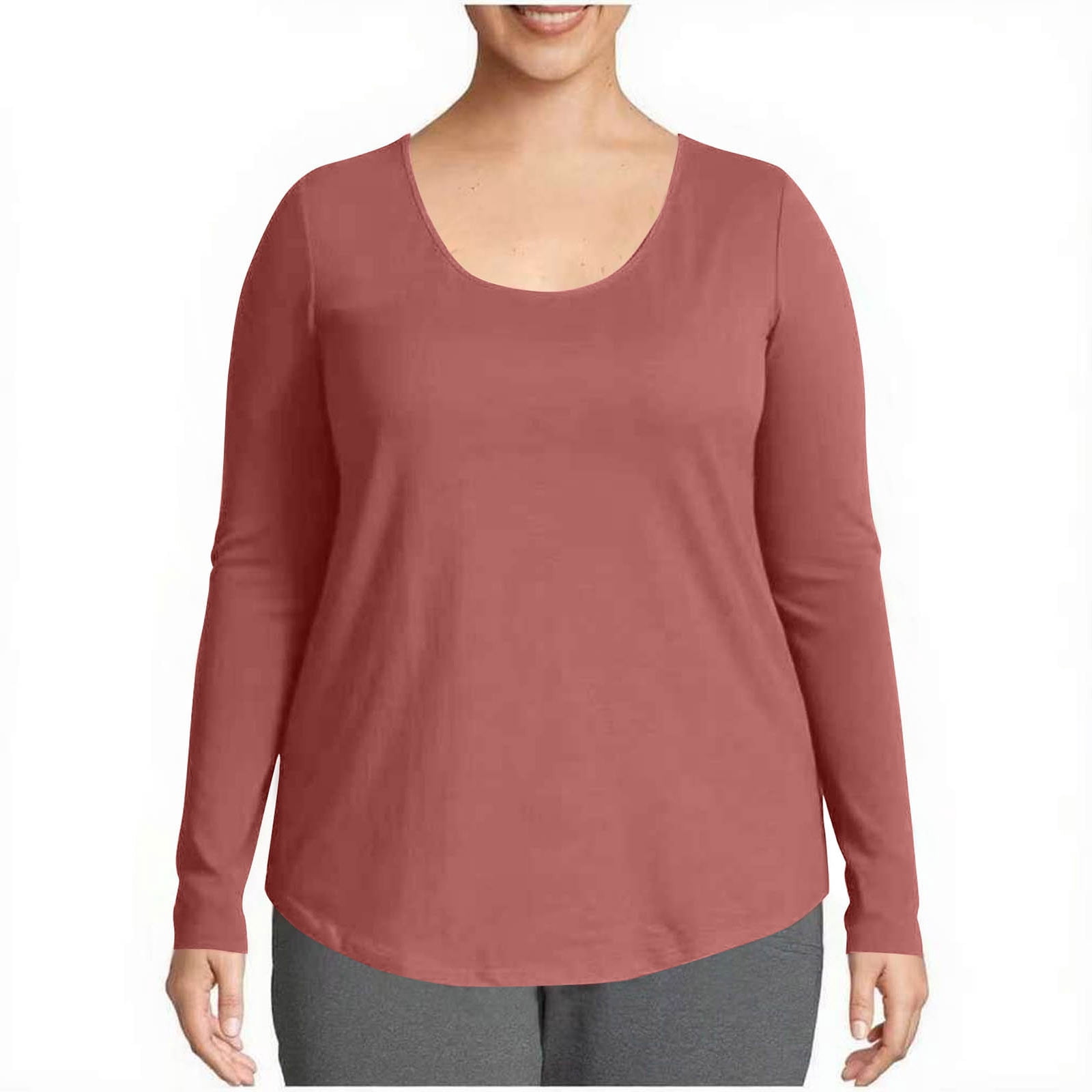 cocolona Womens Plus Size Solid Color Tops U Neck Long Sleeve Shirts ...