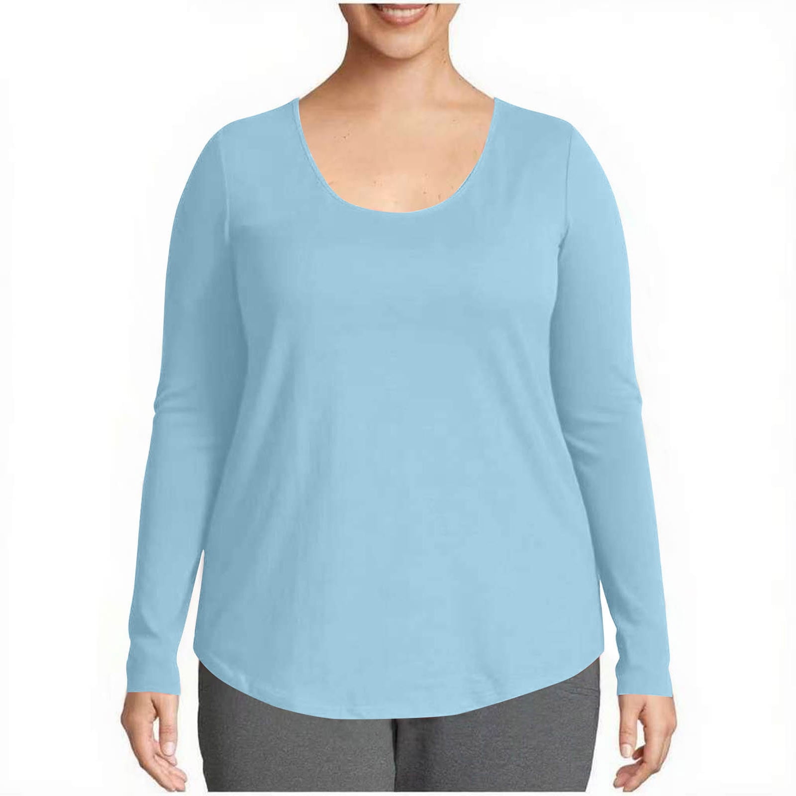 cocolona Womens Plus Size Solid Color Tops U Neck Long Sleeve Shirts ...