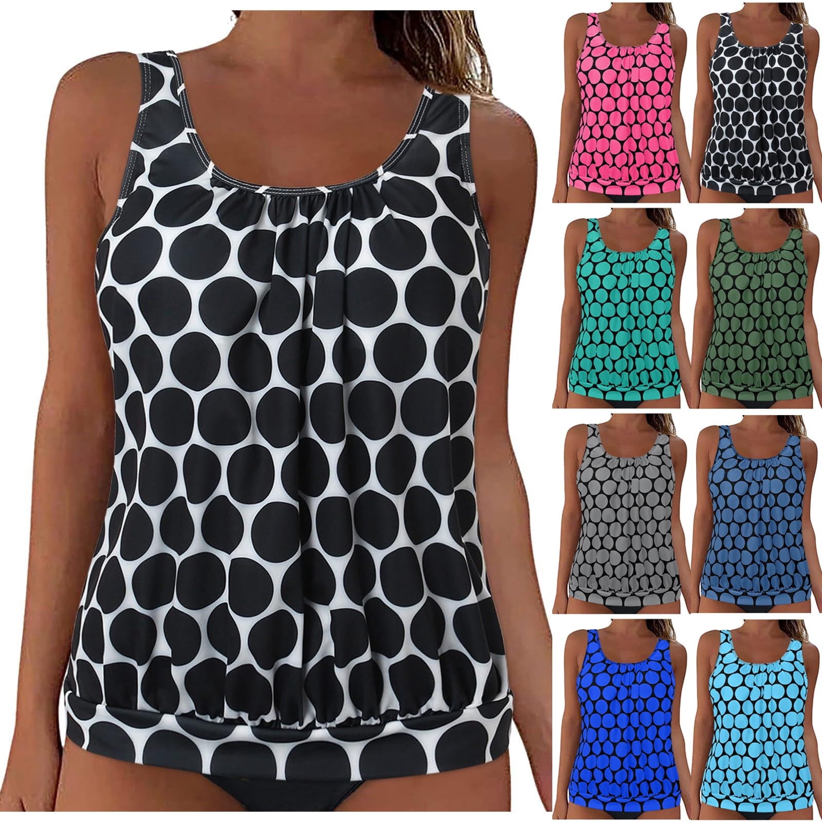 cocolona Women's Plus Size Tankini Top, Built-in Bra, Sleeveless Polka ...