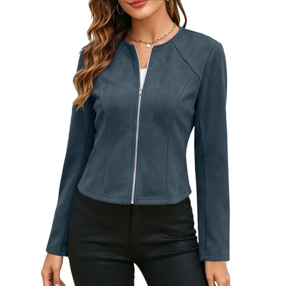 cocolona Womens Solid Color Zip Up Long Sleeve Jacket Crew Neck Slim ...