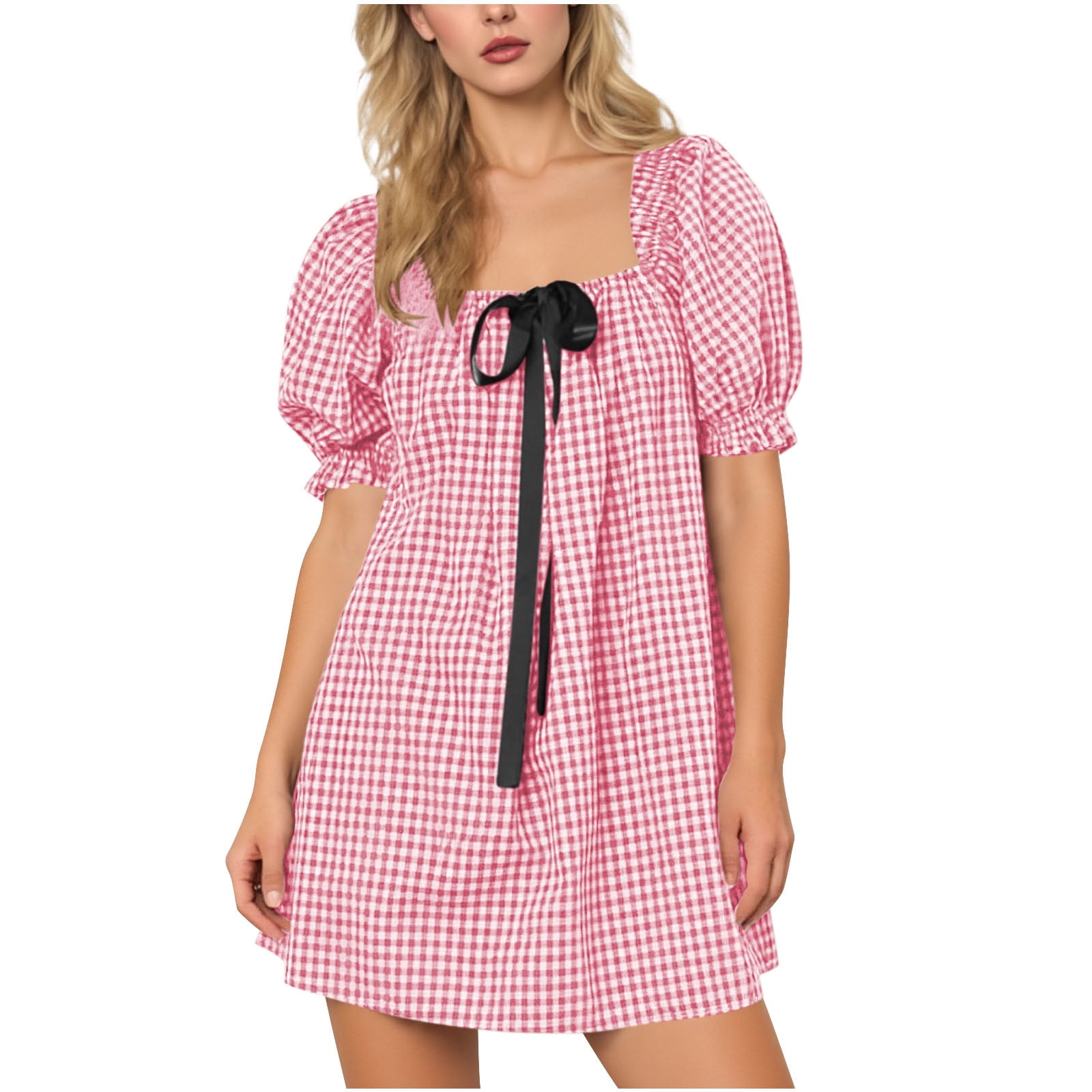 cocolona Womens Square Neck Plaid Mini Dress Summer Short Sleeve T ...