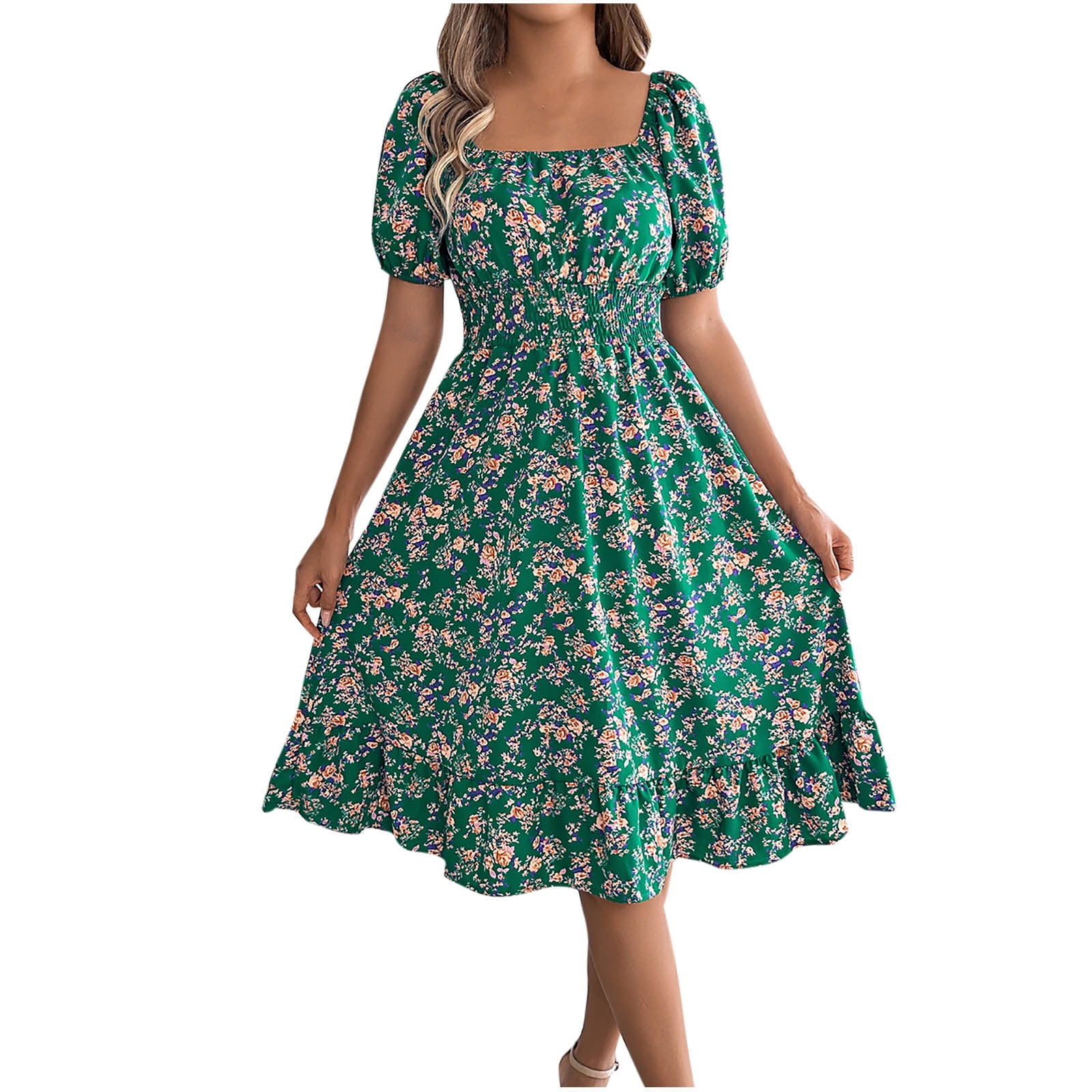 cocolona Womens Summer Boho Floral Print Dress Square Neck Short Sleeve ...