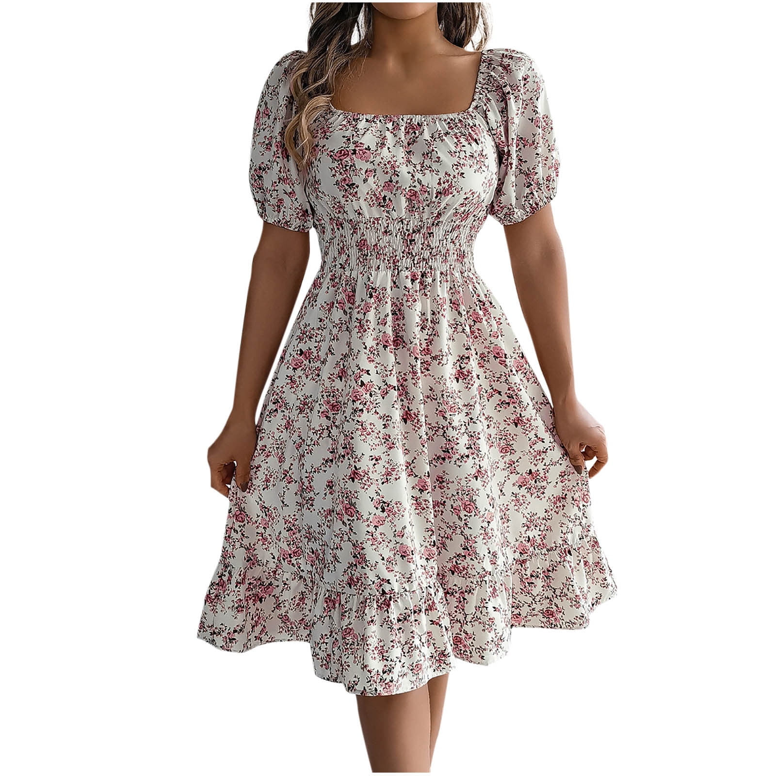 cocolona Womens Summer Boho Floral Print Dress Square Neck Short Sleeve ...