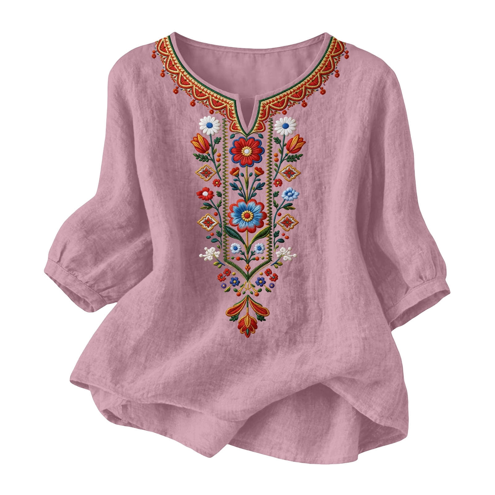 cocolona Womens Summer Boho Tops Crew Neck 3/4 Sleeve Embroidery Shirts ...