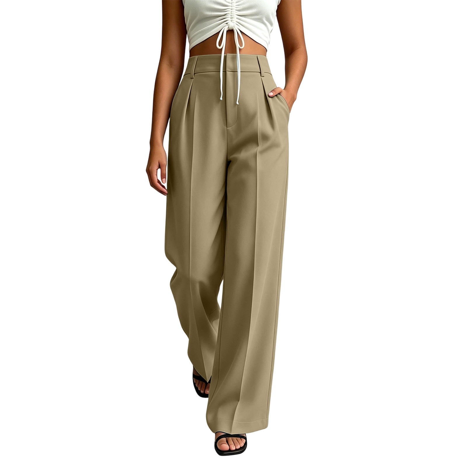 cocolona Womens Summer Casual High Waist Dress Pants Elastic Waist ...