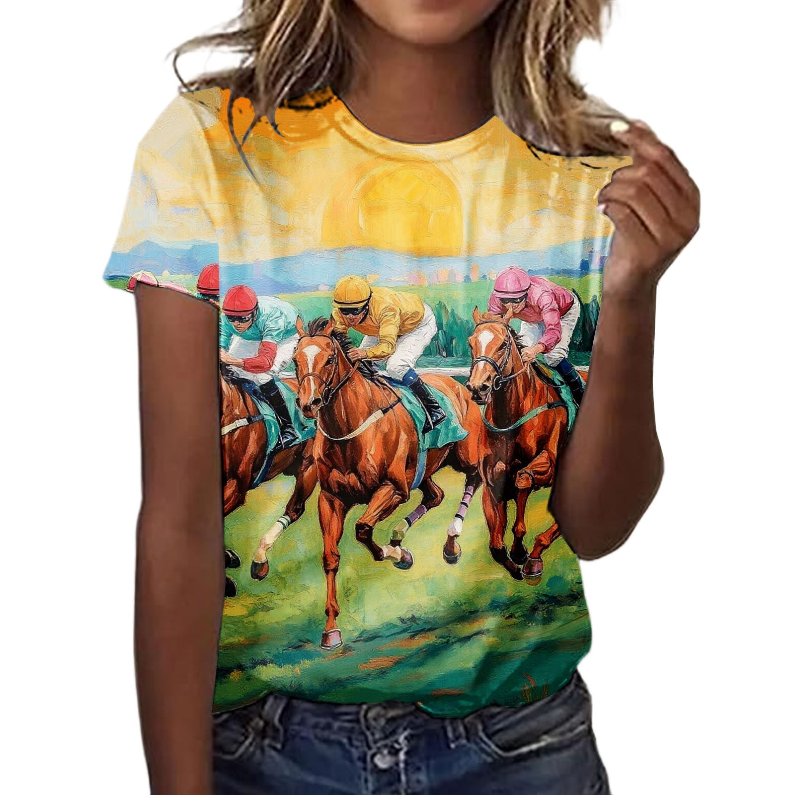 cocolona Womens Summer Horse Racing Tops Crew Neck Short Sleeve T ...
