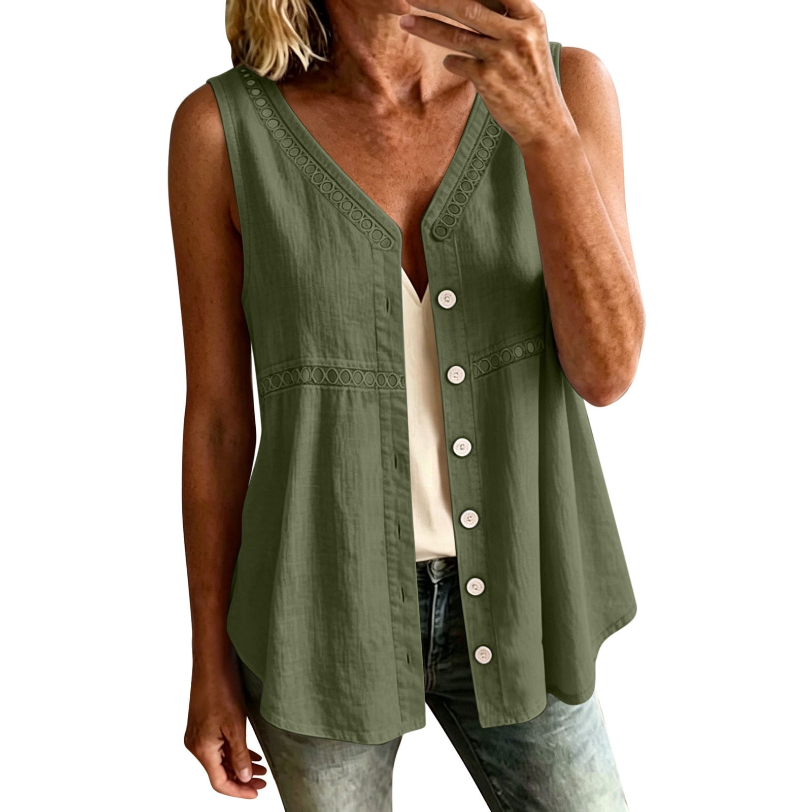 cocolona Womens Summer Linen Tank Tops Sleeveless V Neck Button ...