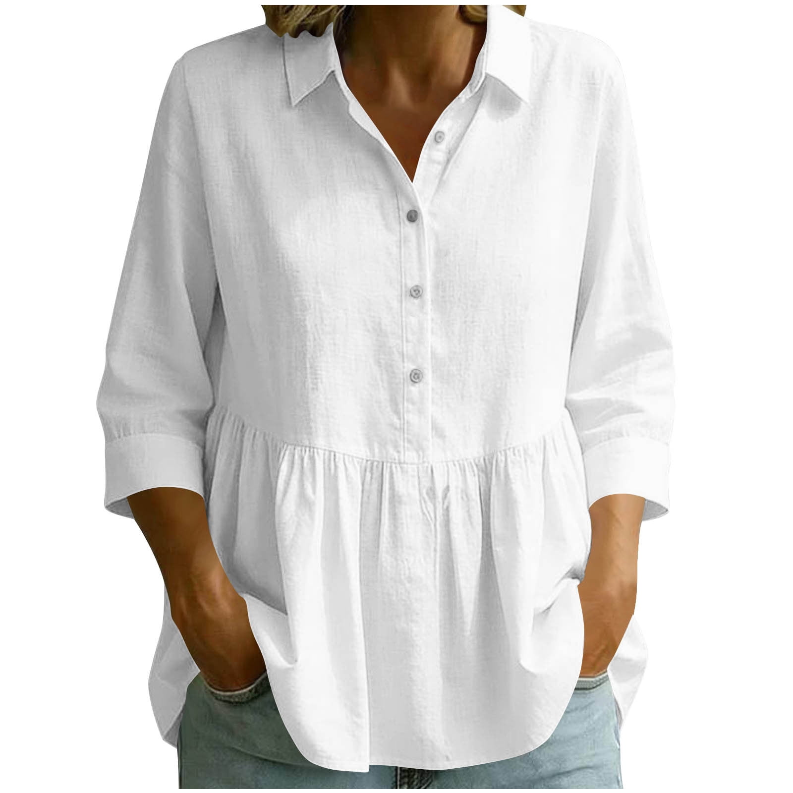cocolona Womens Summer Linen Tops 3/4 Sleeve Lapel Button Pleated ...