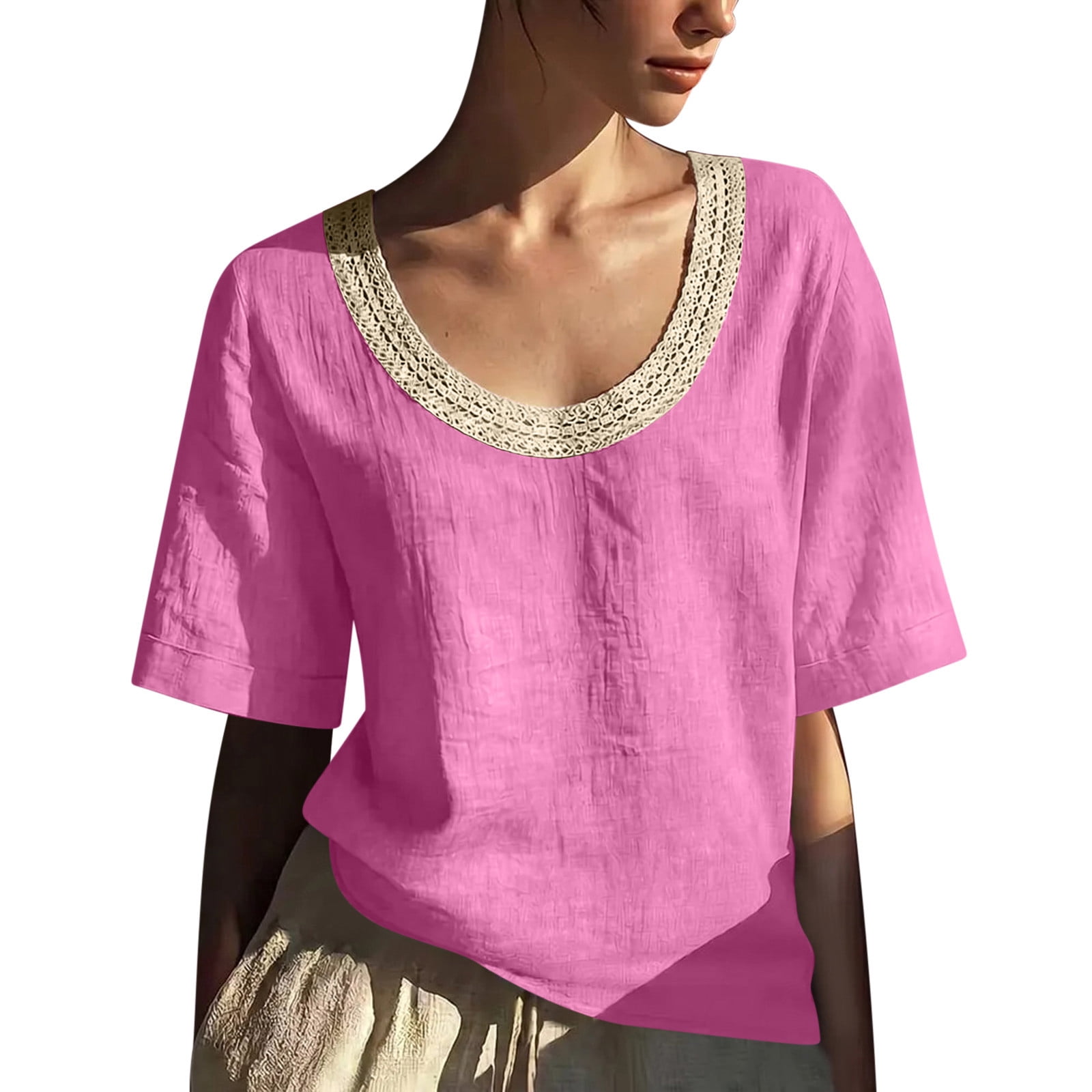 cocolona Womens Summer Linen Tops Lace Patchwork Crew Neck Half Sleeve ...