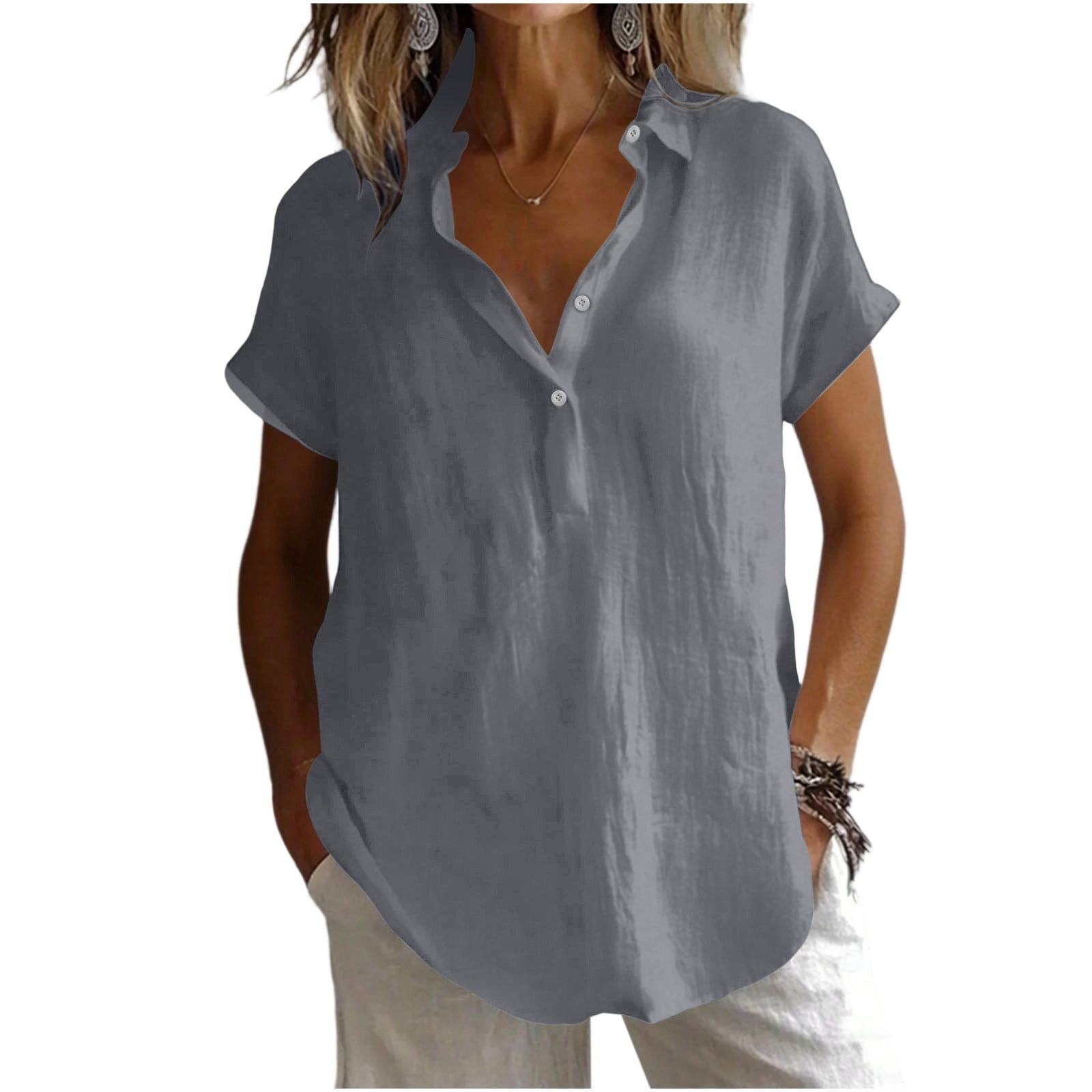 cocolona Womens Summer Linen Tops Short Sleeve Lapel Button Shirts ...