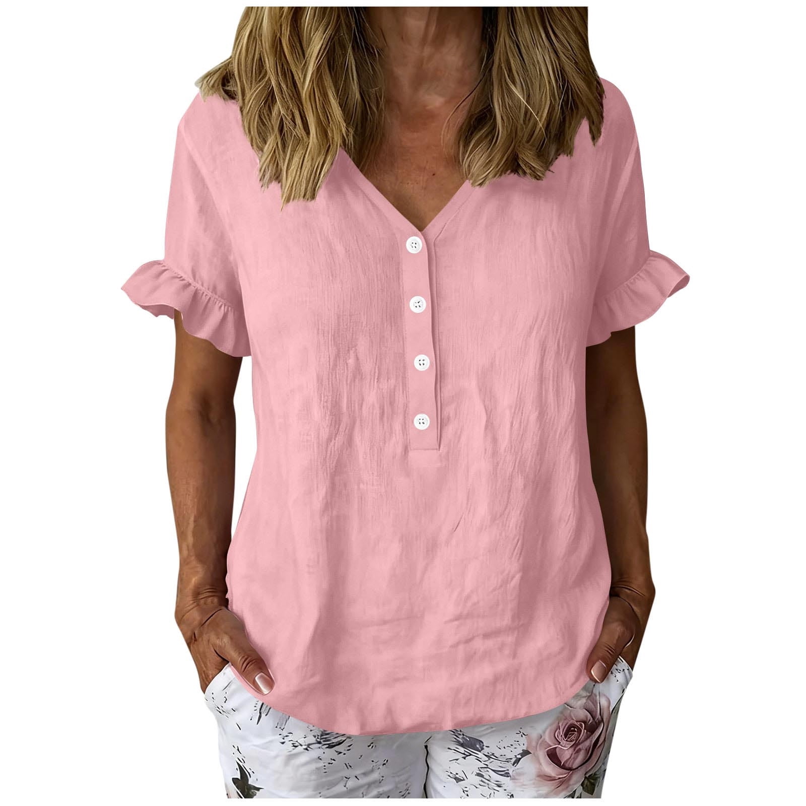 cocolona Womens Summer Linen Tops V Neck Ruffle Short Sleeve Button ...