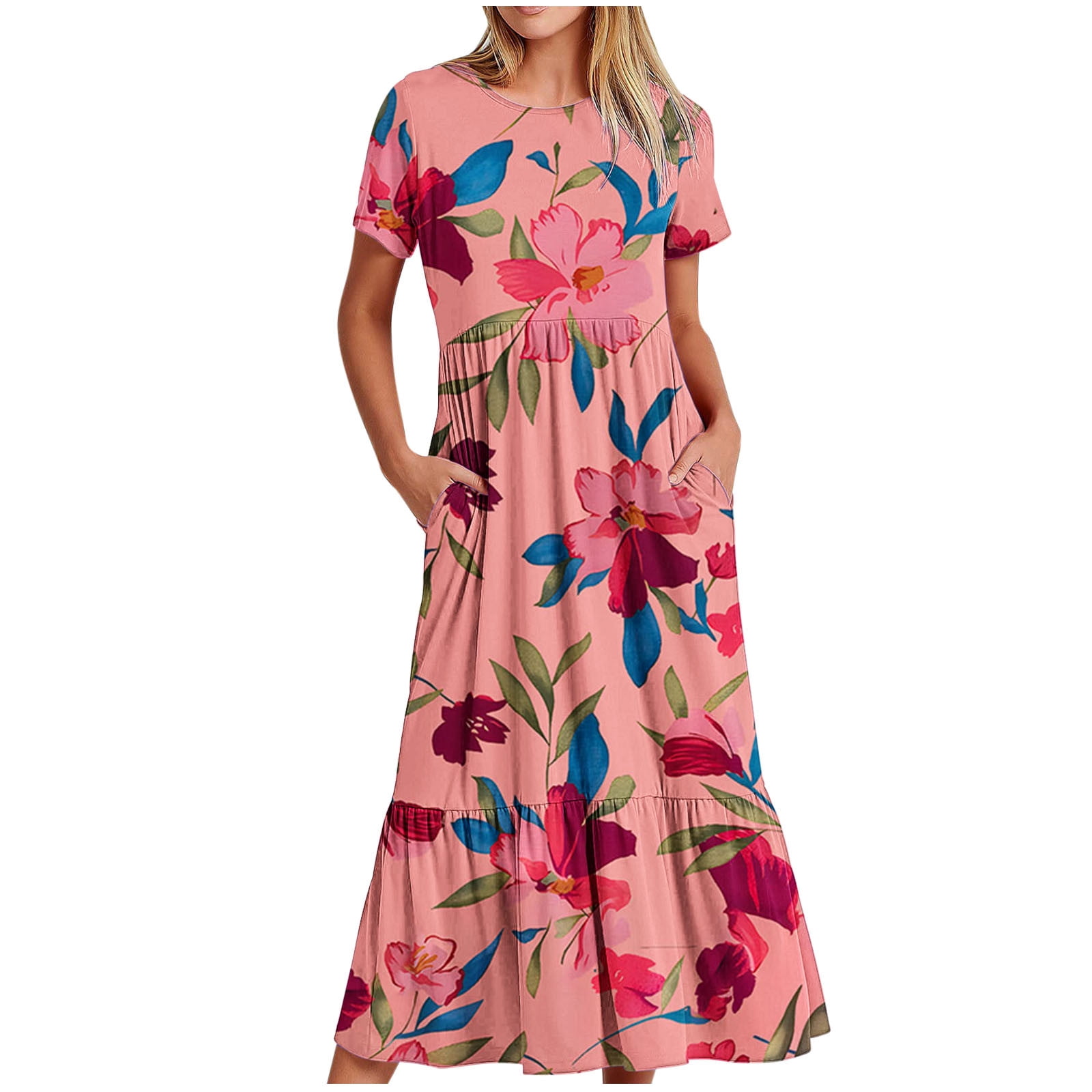 cocolona Womens Summer Long Maxi Dress Crew Neck Short Sleeve Tiered ...