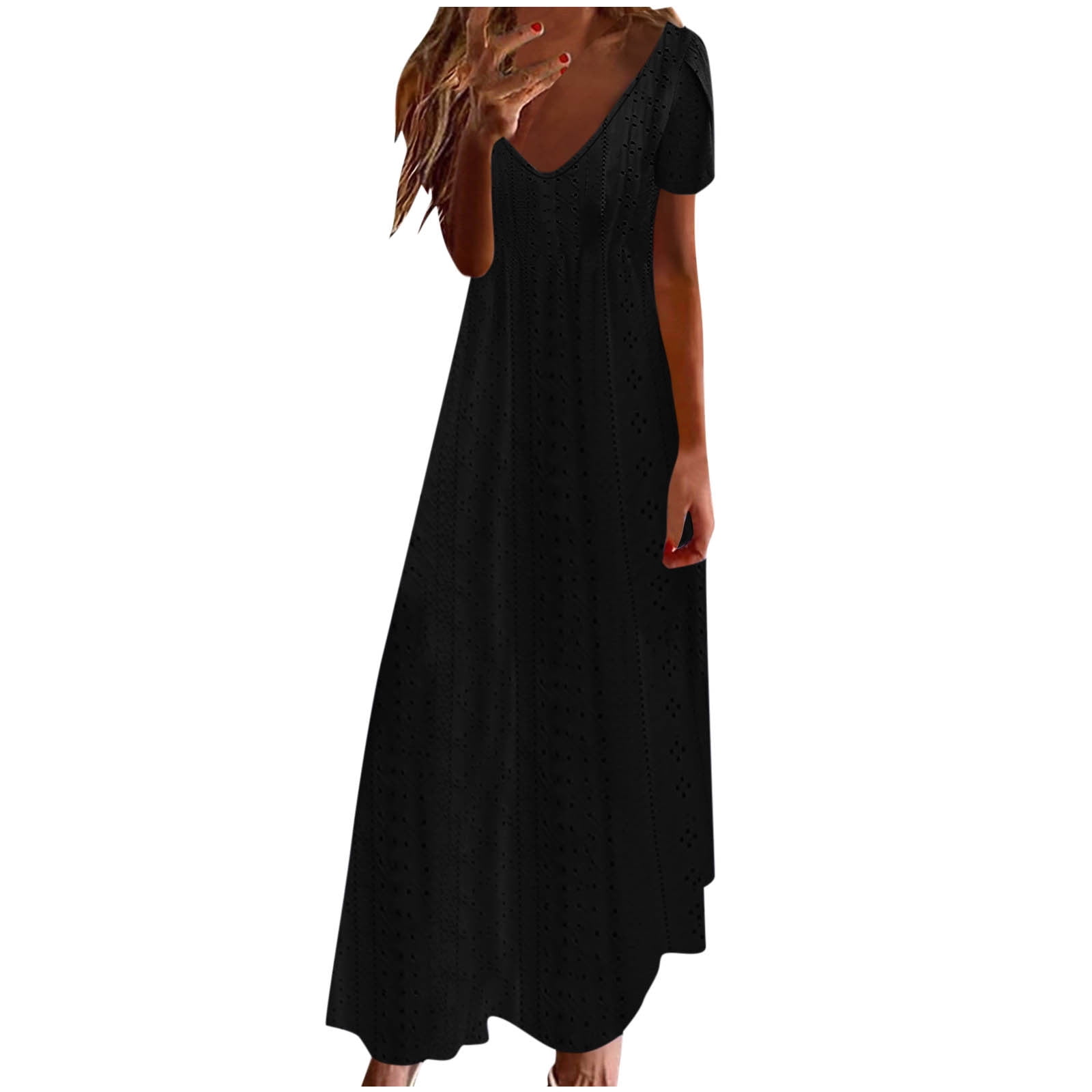 cocolona Womens Summer Long Maxi Dress V Neck Ruffle Short Sleeve ...
