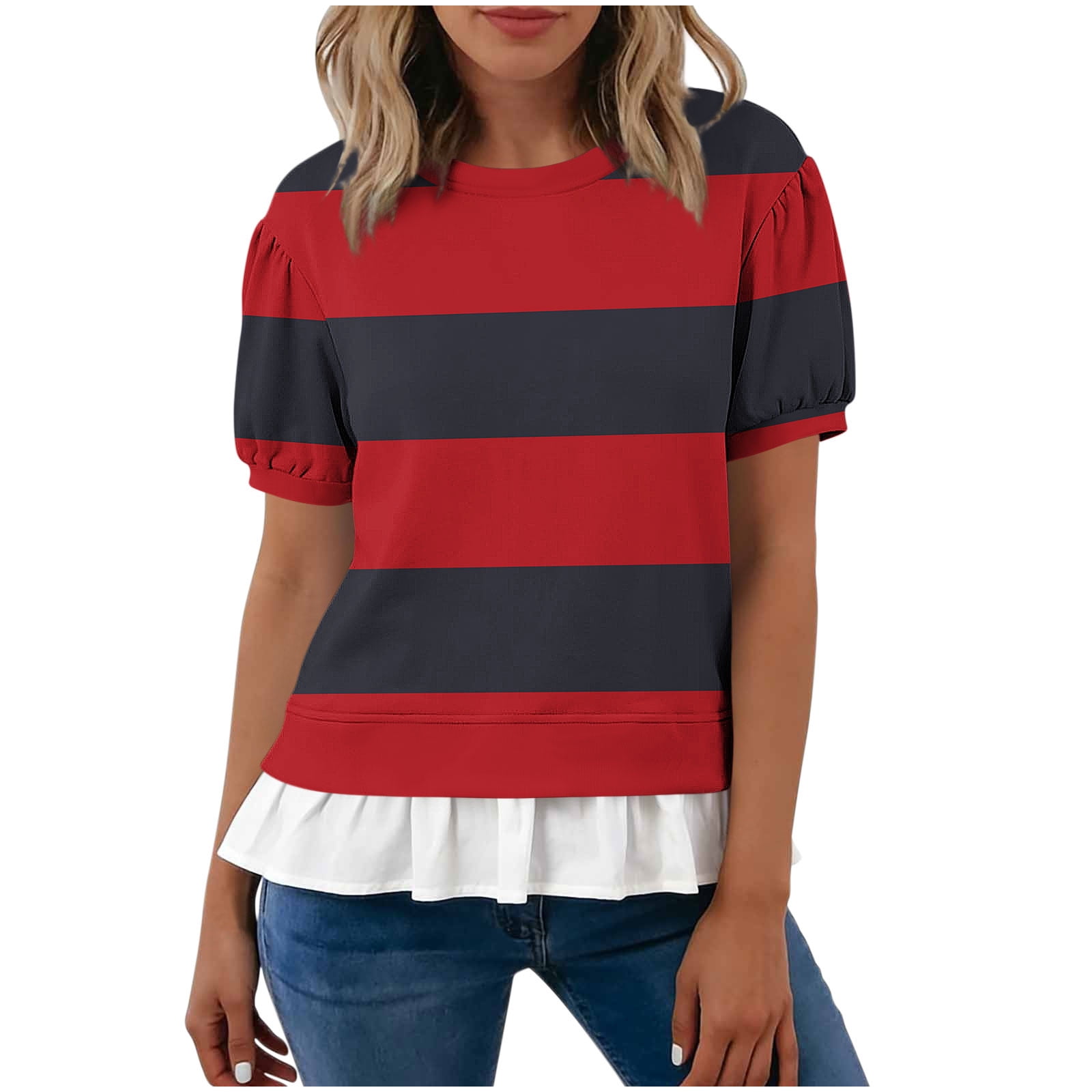 cocolona Womens Summer Tops Crew Neck Short Sleeve Shirts Striped ...