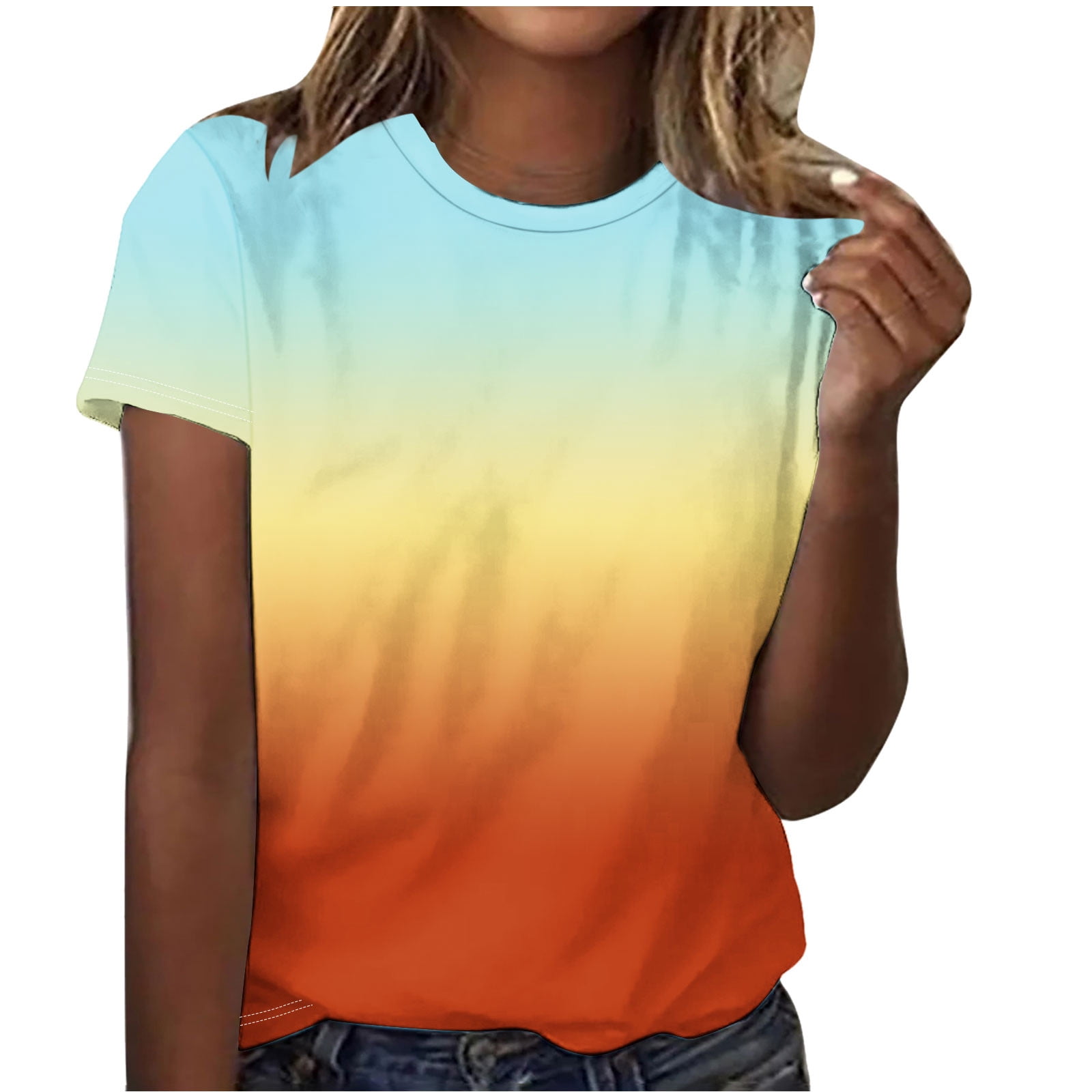 cocolona Womens Summer Tops Round Neck Short Sleeve T-Shirts Cradient ...